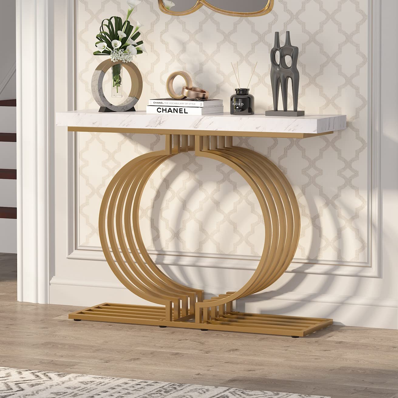Tribesigns Modern Console Table with Gold Base, 40 inch Geometric Entryway Sofa Table Narrow Long, Contemporary Accent Table for Living Room, Entryway, Hallway, Entrance, Faux Marble White