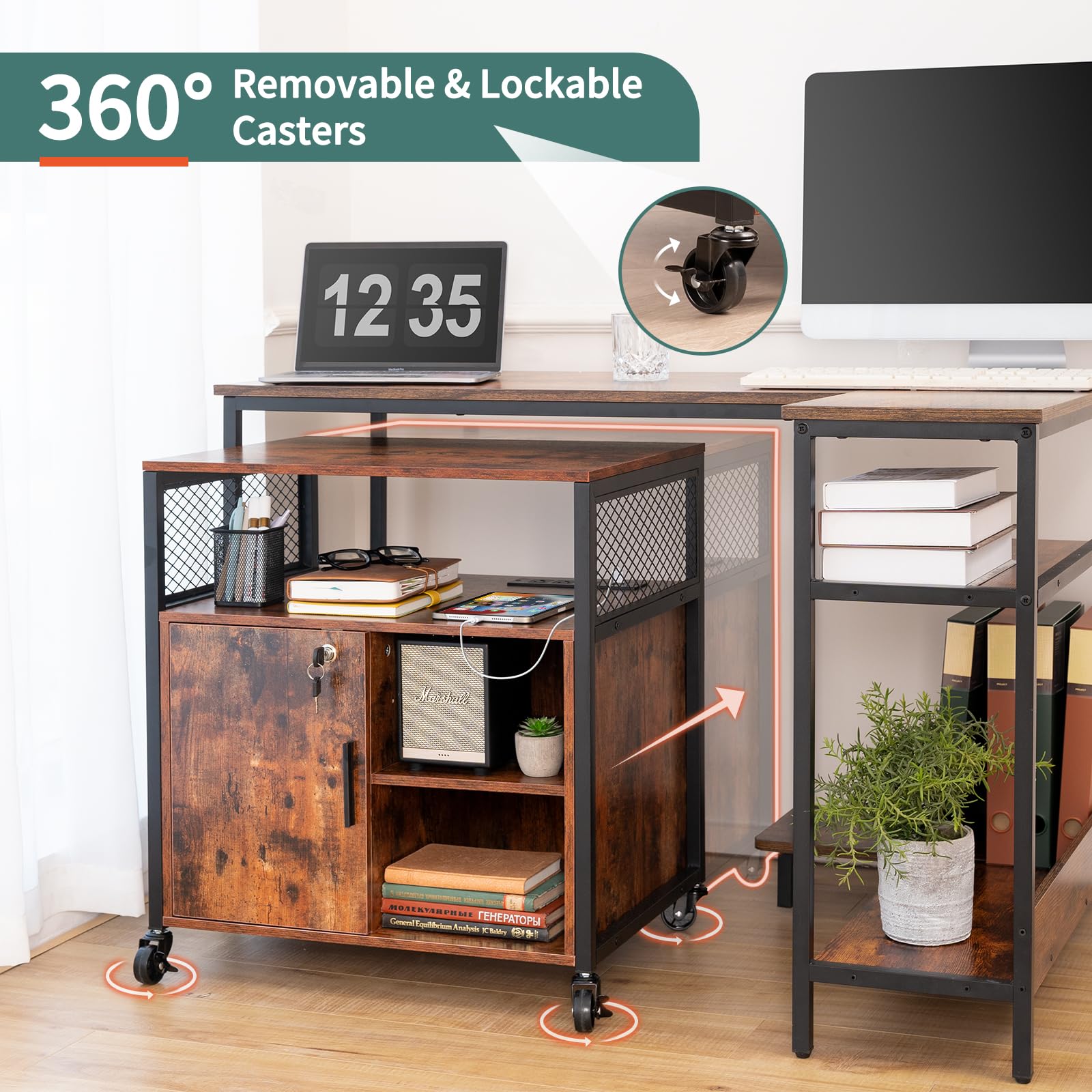 Yoobure Lateral File Cabinet with Charging Station, Filing Cabinet with Open Shelves, Rolling Printer Stand with Storage for A4 Letter Size File Folder, Office Storage Cabinet Printer Table with Lock
