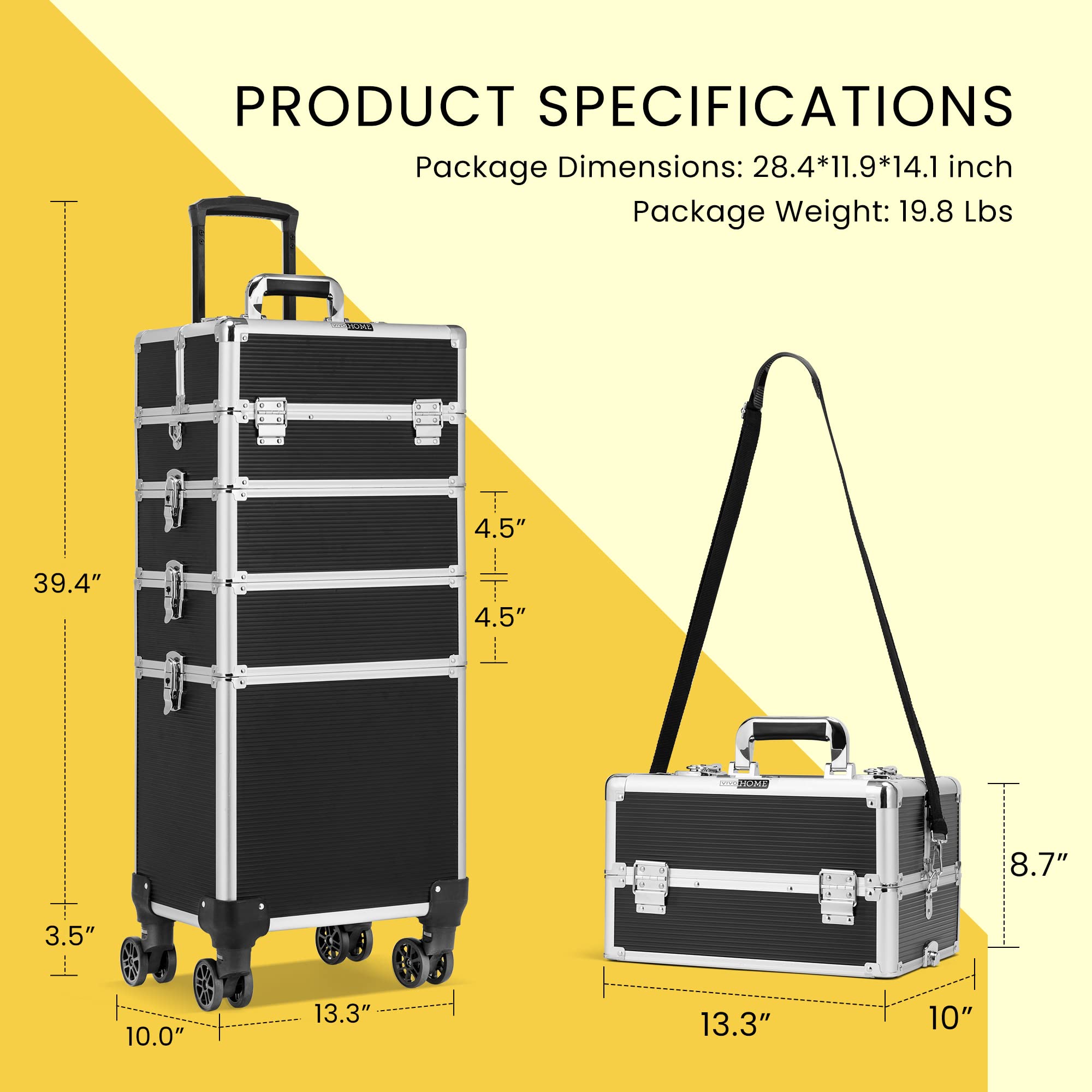 VIVOHOME 4 in 1 Makeup Rolling Train Case Aluminum Trolley Professional Cosmetic Organizer Box with Shoulder Straps 2 Keys Black(Cosmetic are not included)