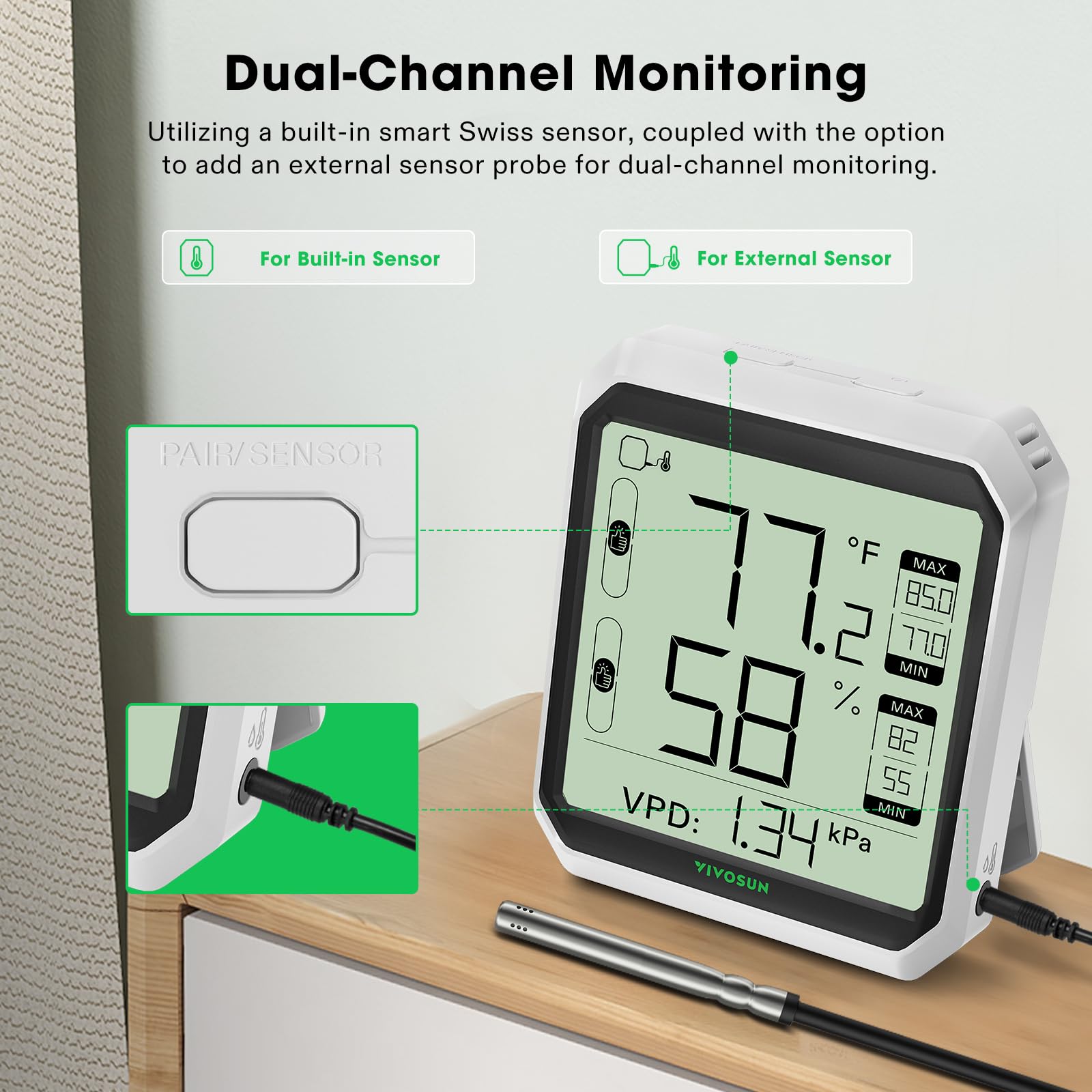 VIVOSUN Digital Thermometer Grow Tent Hygrometer, Indoor Outdoor Temperature and Humidity Meter Guage with Backlight for Home, Office