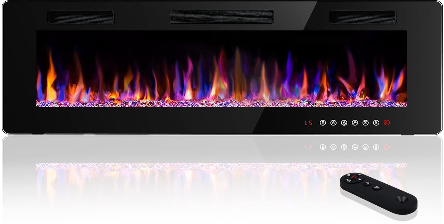 Waleaf 60 inch Ultra-Thin Electric Fireplace Wall Mounted and Recessed,Fireplace Heater with Multicolor Flame fit for 2 x 4 and 2 x 6 Stud, Remote Control Touch Screen,Timer,Low Noise,750/1500W