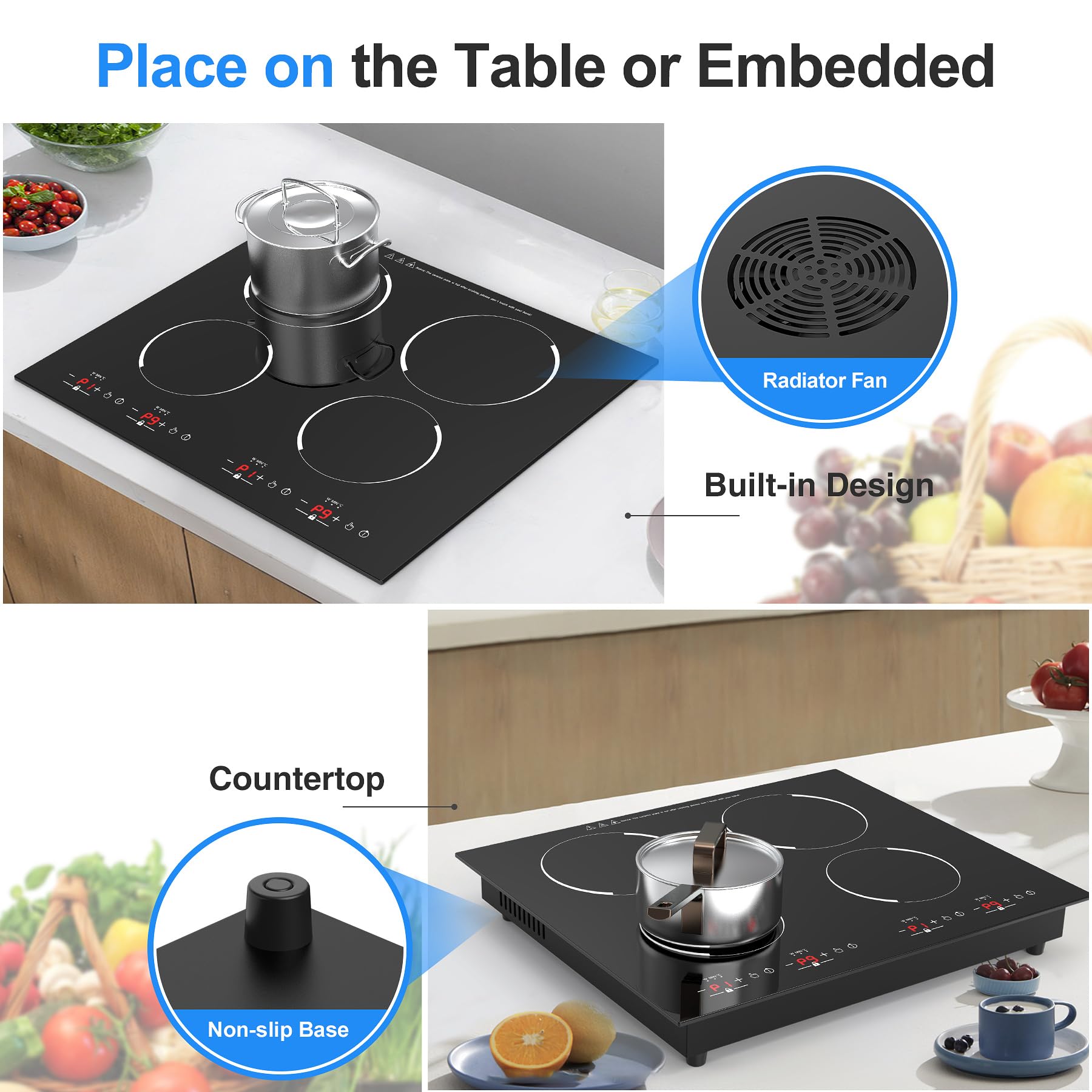 VBGK 30 inch induction cooktop, Built-in Induction Cooktop 4 Burner, Electric cooktop 30 inch 6000W,220-240V with Child Safety Lock -Touchscreen Control,Timer,9 Heating Levels (No Plug)