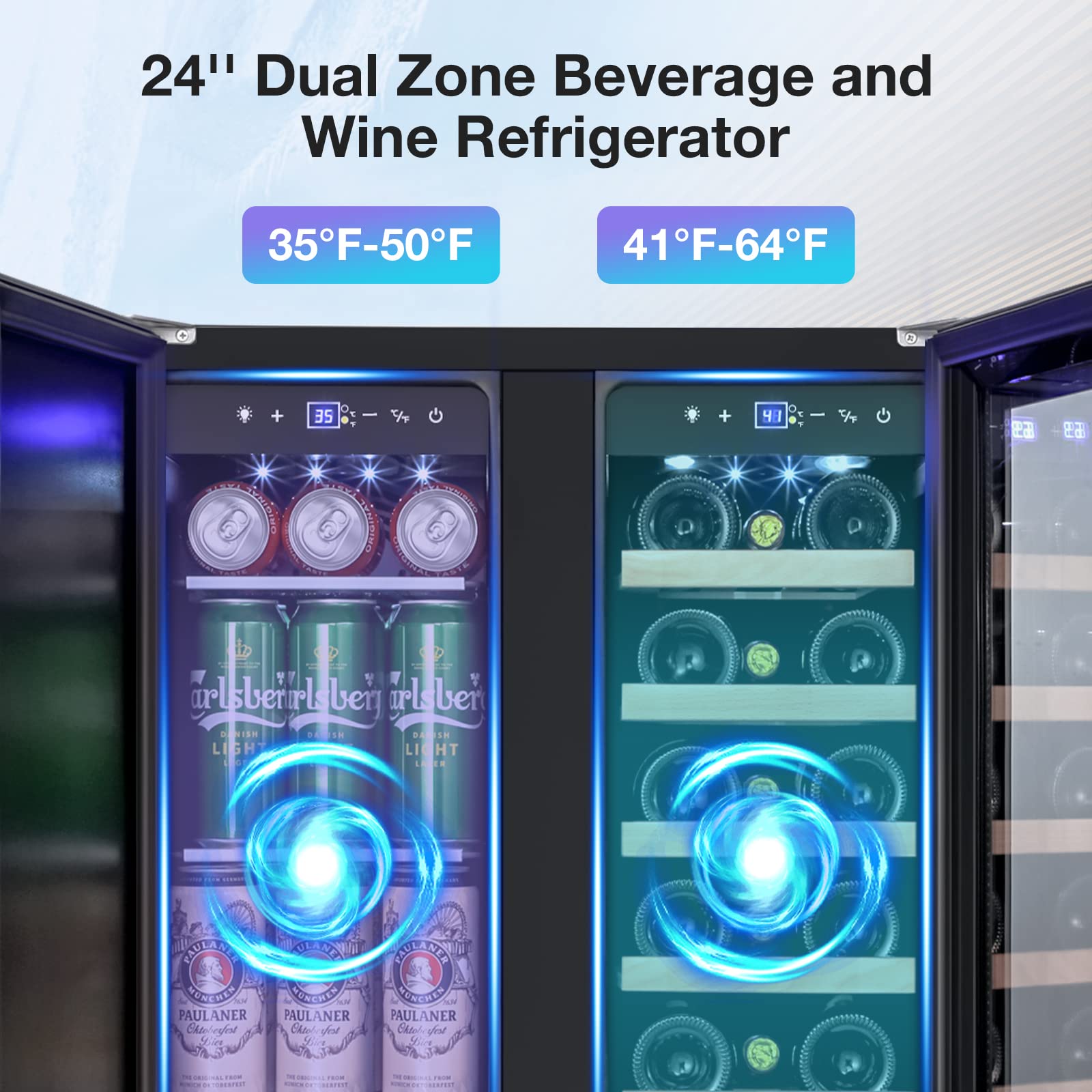 Tylza Wine and Beverage Refrigerator, 24 inch Dual Zone Wine Beverage Cooler Built-in and Freestanding, with Seamless Stainless Steel Door Quick Cooling Under Counter Beer Wine refrigerator TYBC120-2