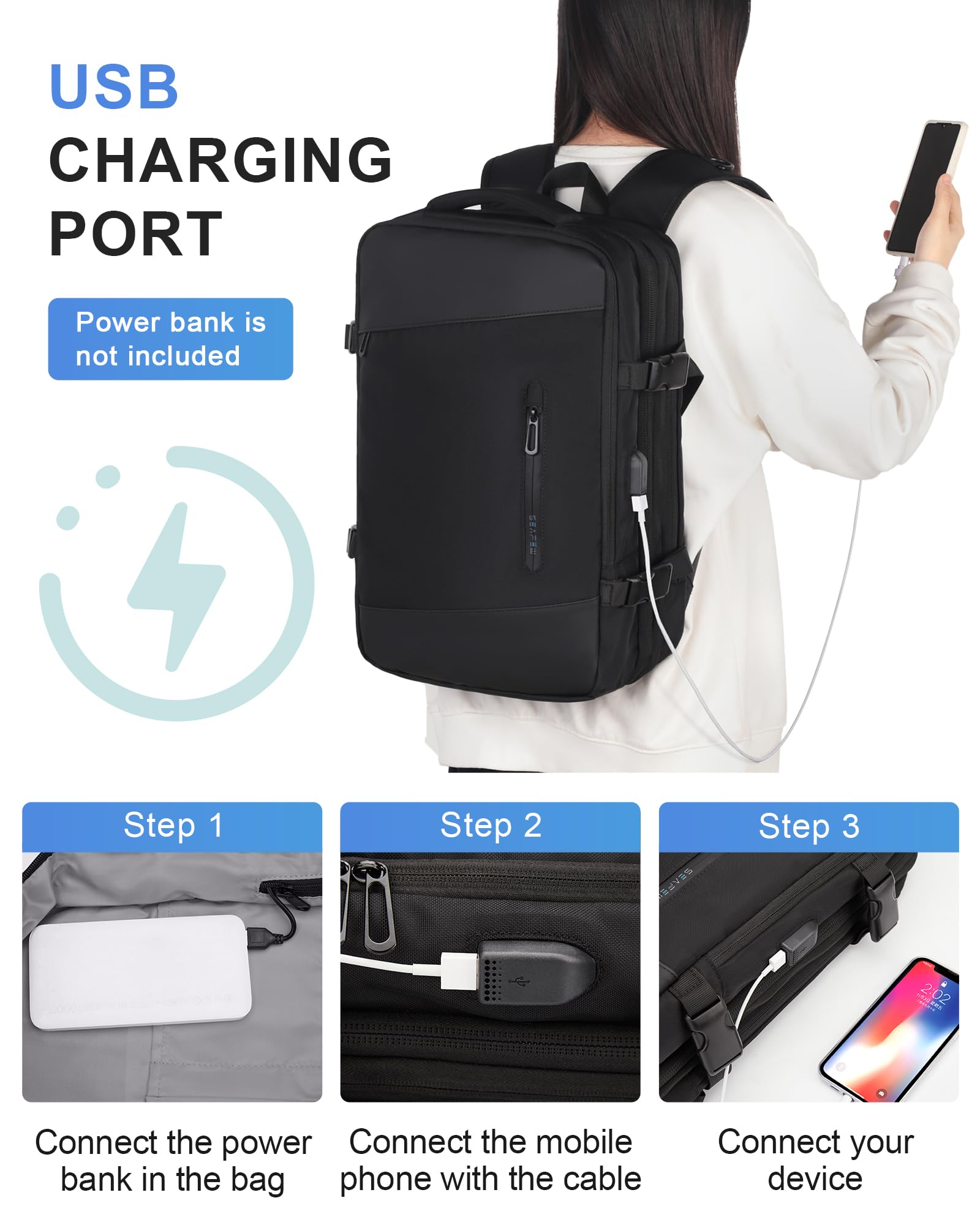 VECAVE Travel Backpack for Women Men,Carry On Backpack,Expandable Airline Airplane Approved Weekenders Backpack,Fit 15.6 Inch Laptop Waterproof 40L Travel Backpack Black