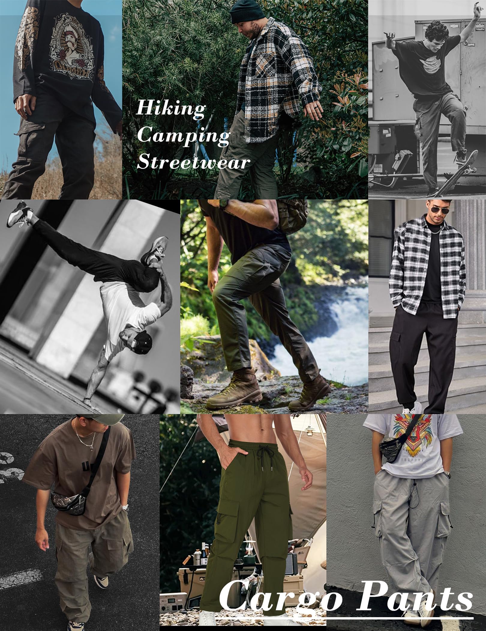 ZAFUL Men's Cargo Pants Relaxed Fit Lightweight Flap Pockets Elastic Waist Quick Drying Hiking Pants Casual Black XXL