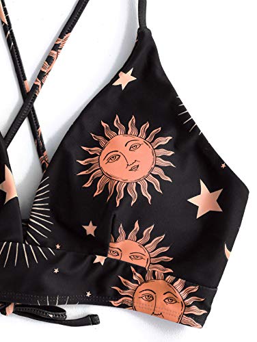 ZAFUL Star Sun Moon Print Bathing Suits for Women Back Criss Cross Lace-up Triangle Bikini (1-Black M)