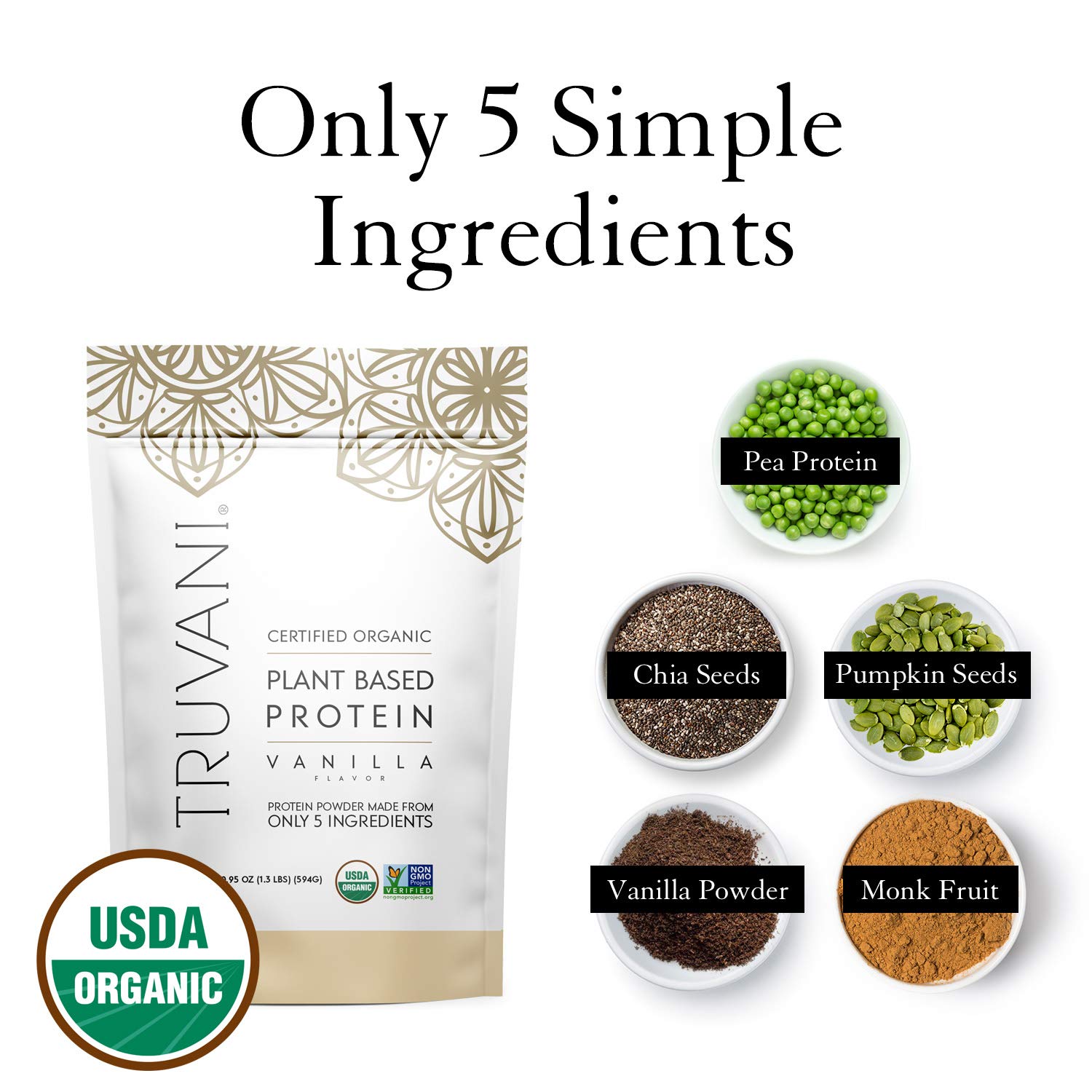 Truvani Vegan Vanilla Protein Powder with Shaker Cup & Scoop Bundle - 20g of Organic Plant Based Protein Powder - Includes Stainless Steel Shaker Cup & Durable Protein Metal Scoop