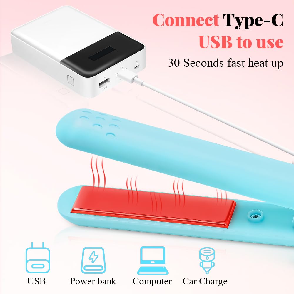 Ubitree Mini Curling Iron, Dual-Purpose Travel Curling Wand, 2 in 1 Curling Iron and Straightener Combo, Cordless Curling Iron with USB Cable for Short Medium Long Hair