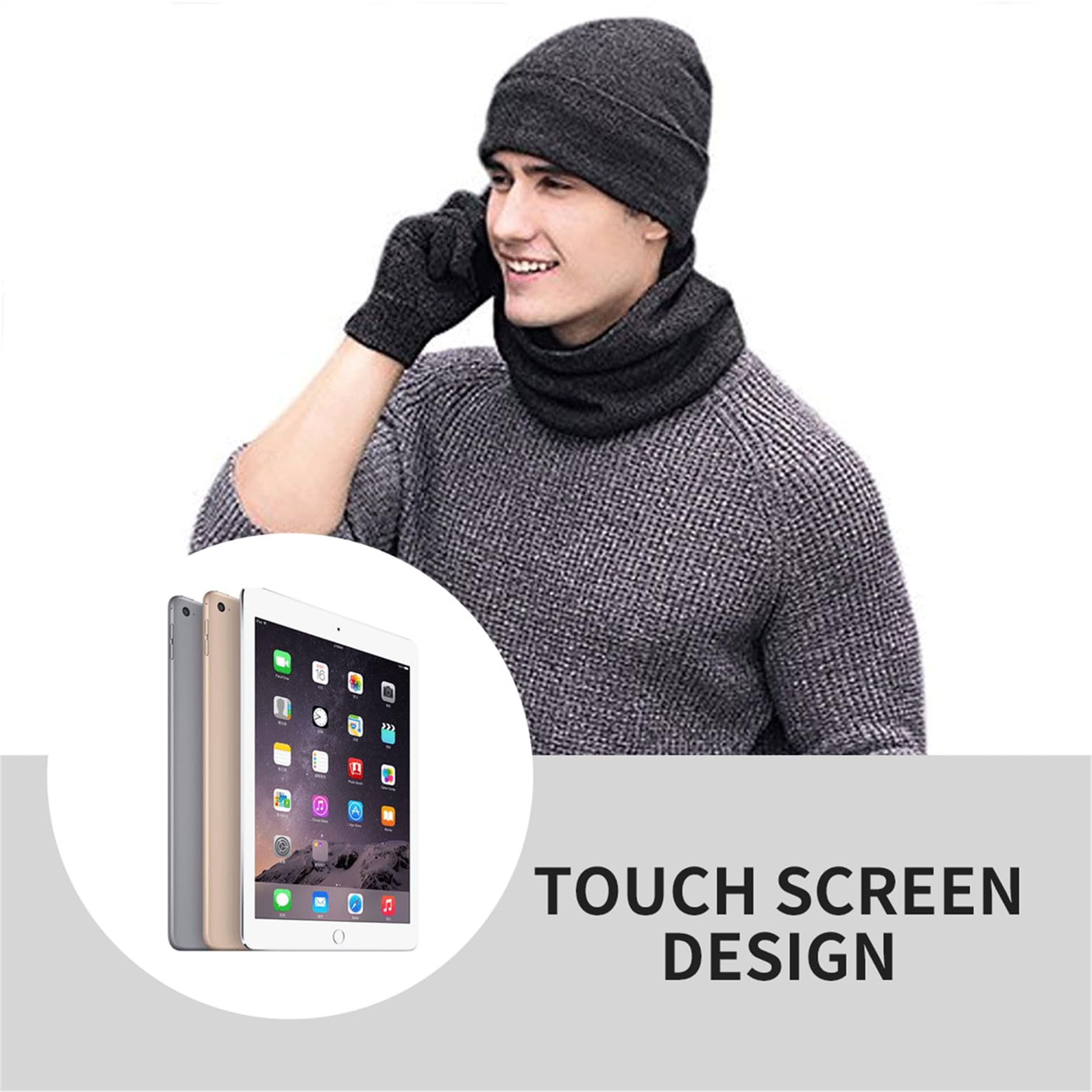 Winter Beanie Hats Scarf Touchscreen Gloves Set for Men Women Thick Beanies Skull Cap Neck Warmer with Warm Knit Fleece Lined