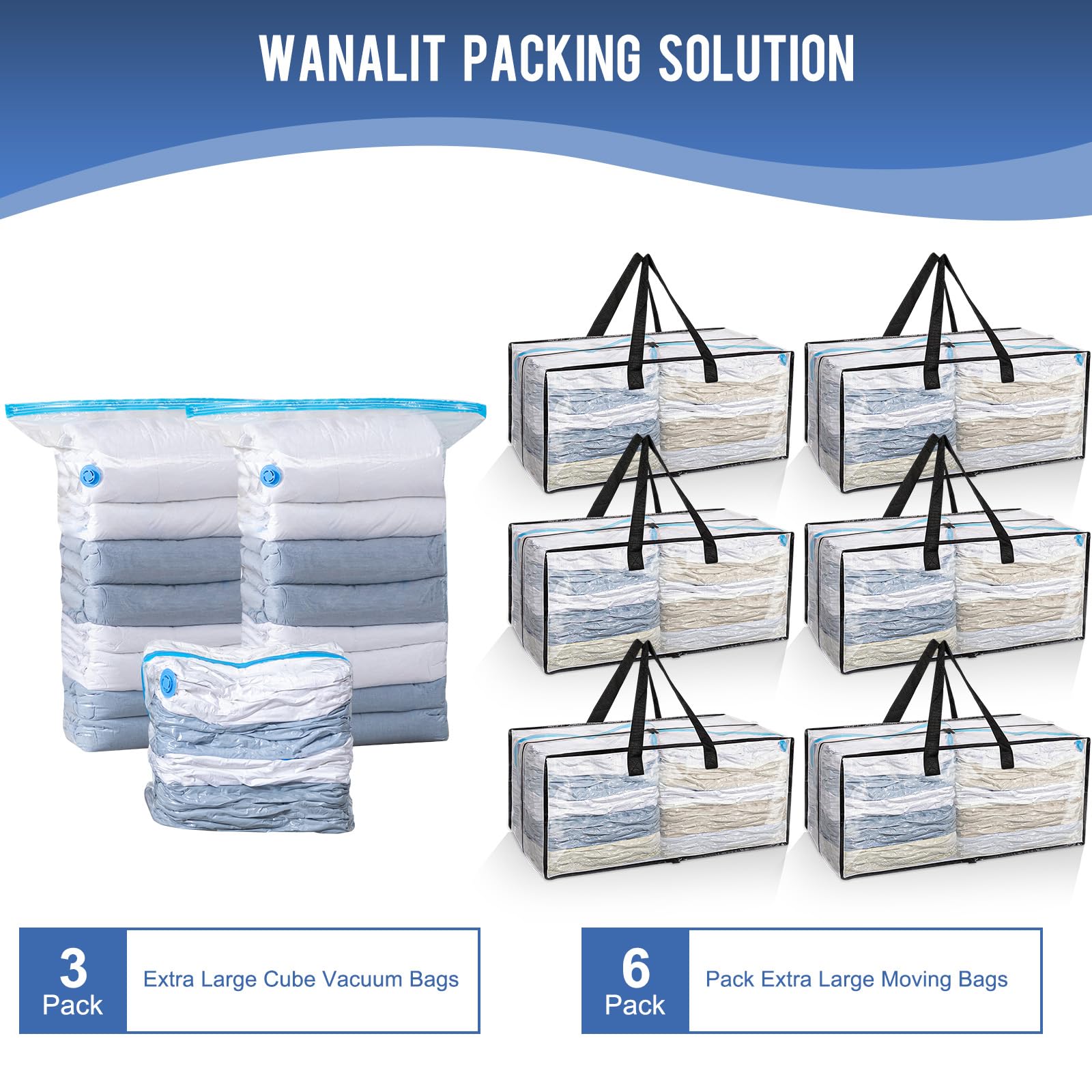 WANALIT 6 Pack Moving Bags + 3 Pack Cube Vacuum Storage Bags, Backpack Straps Strong Carrying Handles & Zippers, Storage Totes For Space Saving, Fold Flat, Moving Supplies