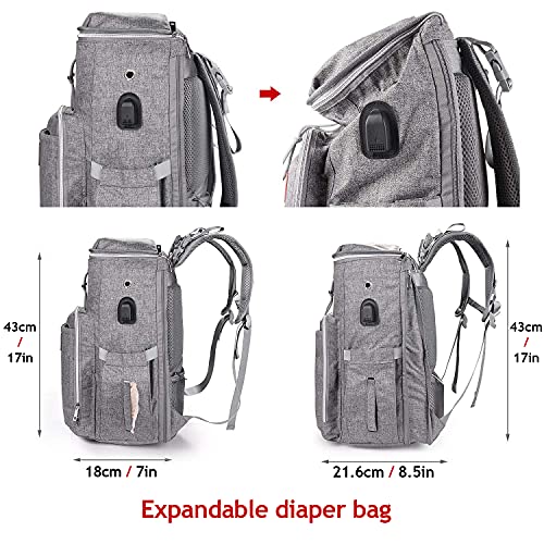 yookee home Large Diaper Bag, Backpack for Twins or Two Kids, Expandable Baby Diaper Bag for Mom Dad, Extra Large Travel Diaper Backpack with USB Charging Port, Portable Changing Pad, Stroller Straps