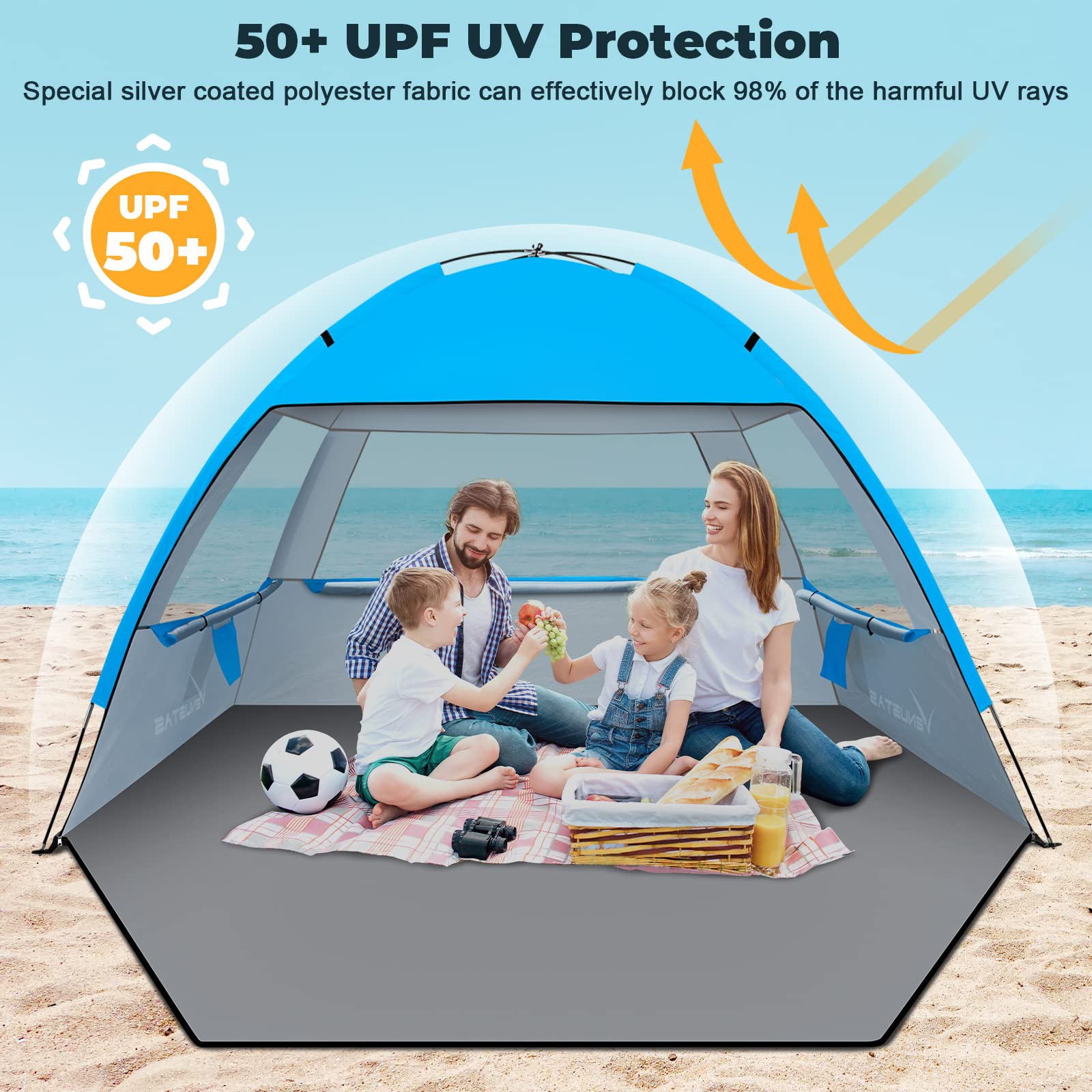 Venustas Beach Tent Sun Shelter for 3/4-5/6-7/8-10 Person, UPF 50+ UV Protection Portable Beach Canopy, Lightweight and Easy Setup Cabana