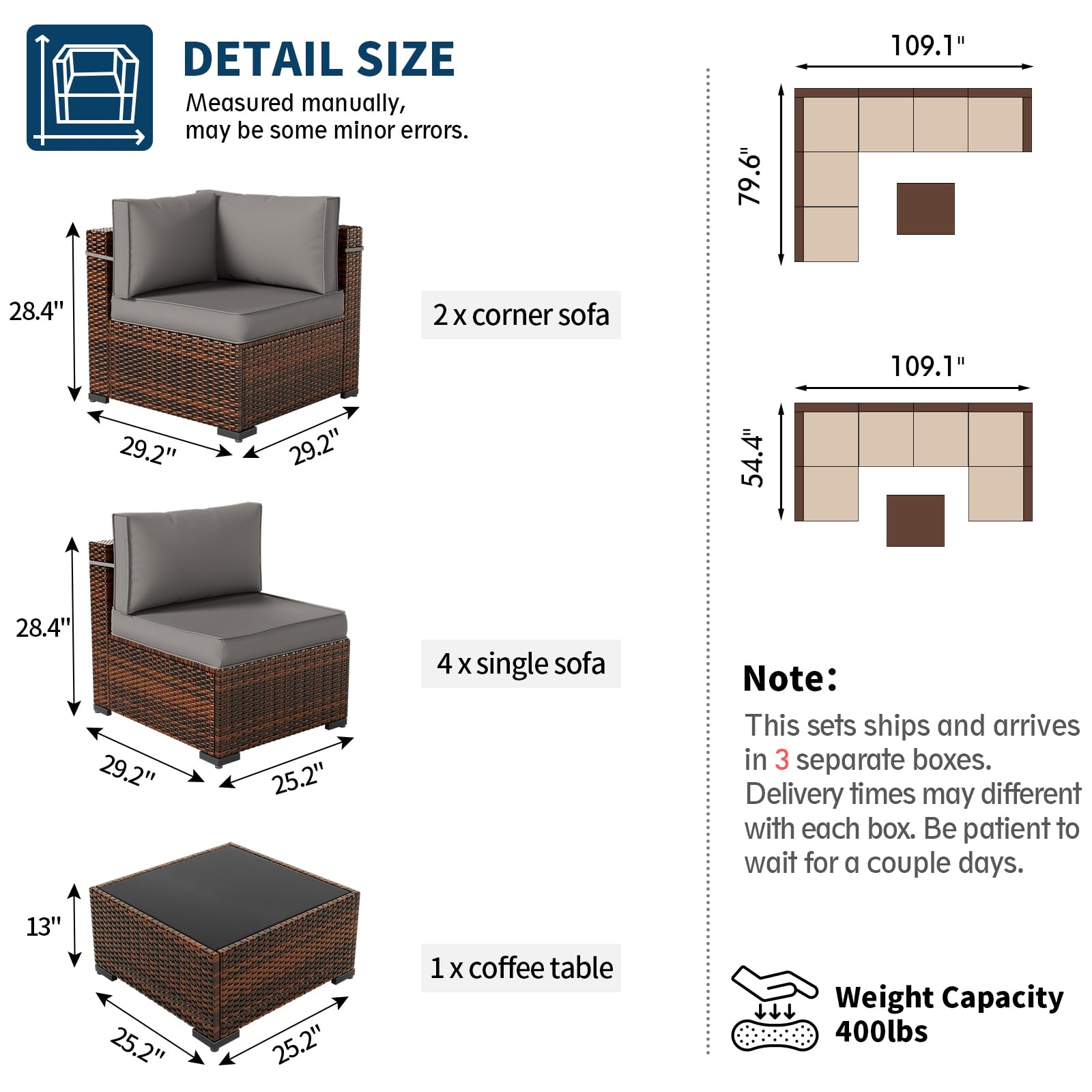 UDPATIO Patio Furniture Sets, Modular Rattan Outdoor Patio Sectional Furniture Sofa Set, Wicker Patio Conversation Set for Backyard, Deck, Poolside w Glass Coffee Table, 7PC Grey (Include Sofa Cover)