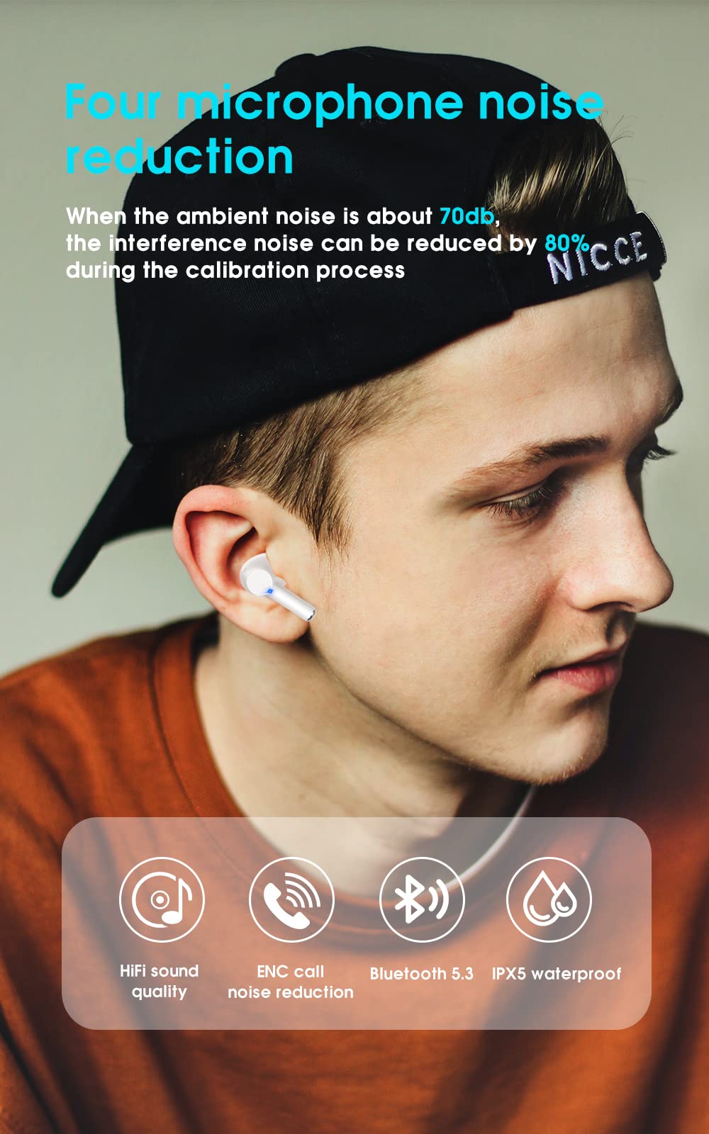 Wireless Earbuds, Bluetooth 5.3 Headphones with 4 Mics, Wireless Headphones ENC Noise Cancelling Earbuds Type C Ear Buds, 30H Playtime Wireless Earphones for iPhone Samsung Andoird Phones