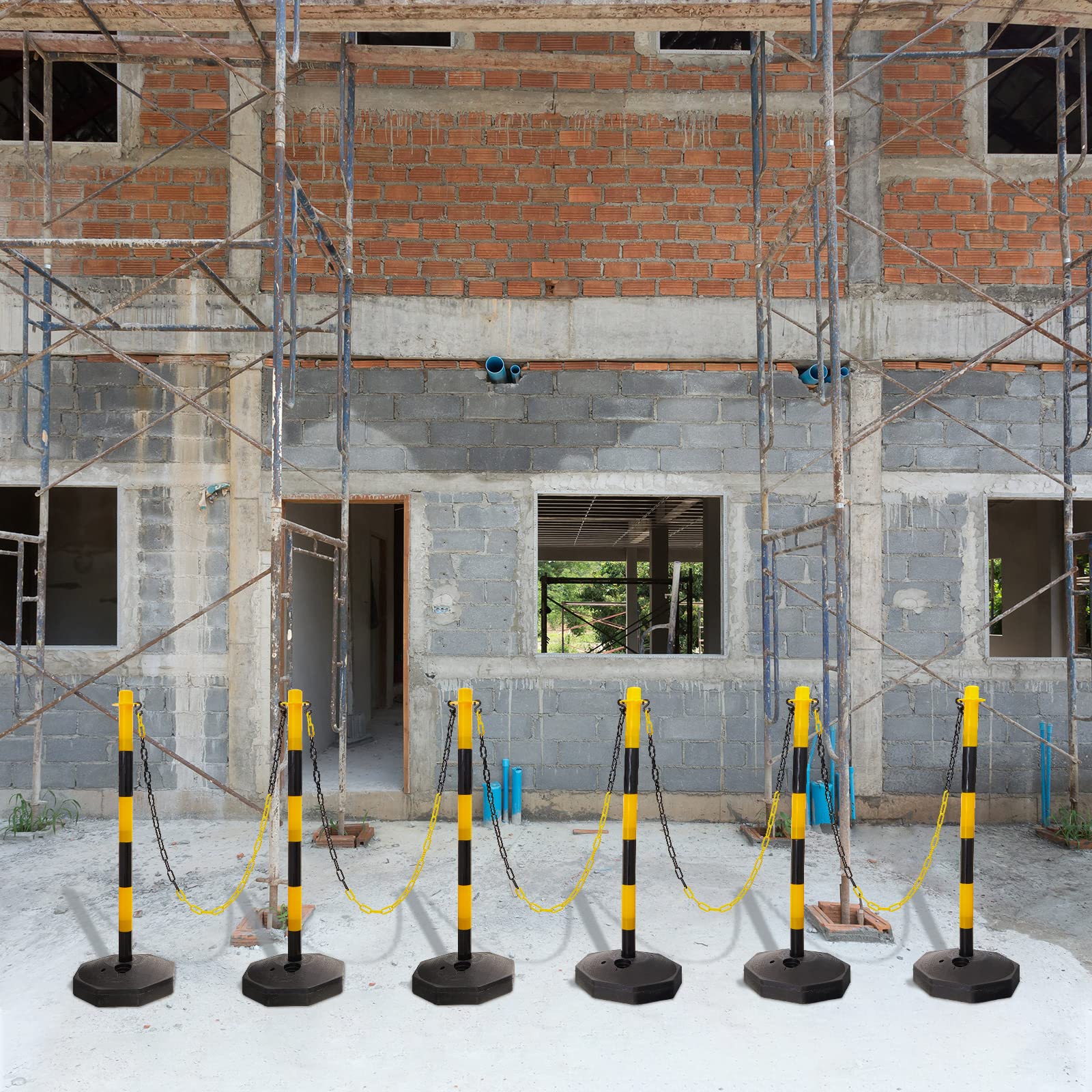 Traffic Delineator Post Cone, Plastic Stanchion Post Set Crowd Control Stands Barrier with 6.6 ft Link Chain and S Hooks for Parking Lot Construction Caution Roads, Yellow, Black (2 Sets)