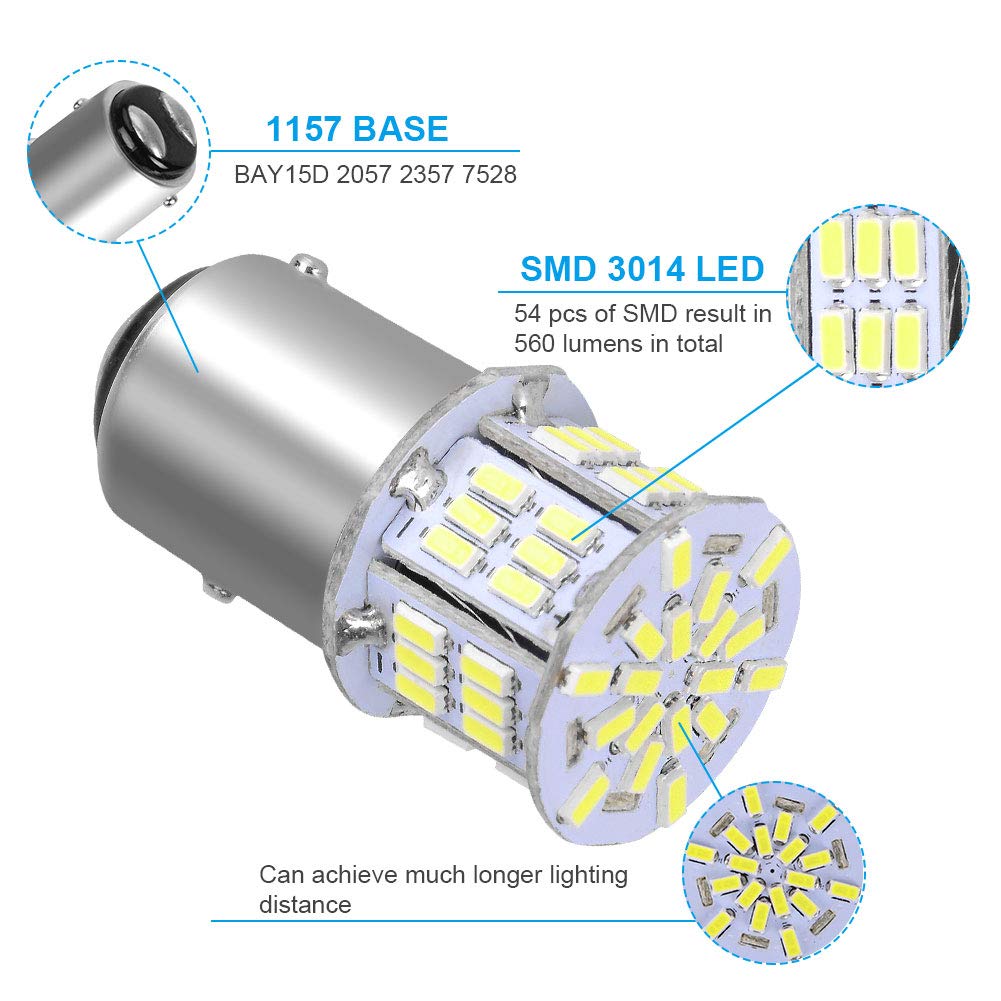 YITAMOTOR 12V 1157 LED Bulb White, 54SMD 650 Lumens, BAY15D 7528 2357 2057 LED Replacement Light Bulbs for Brake Tail Running Parking Backup Light for Car RV Motorcycle Boat, 2-Pack