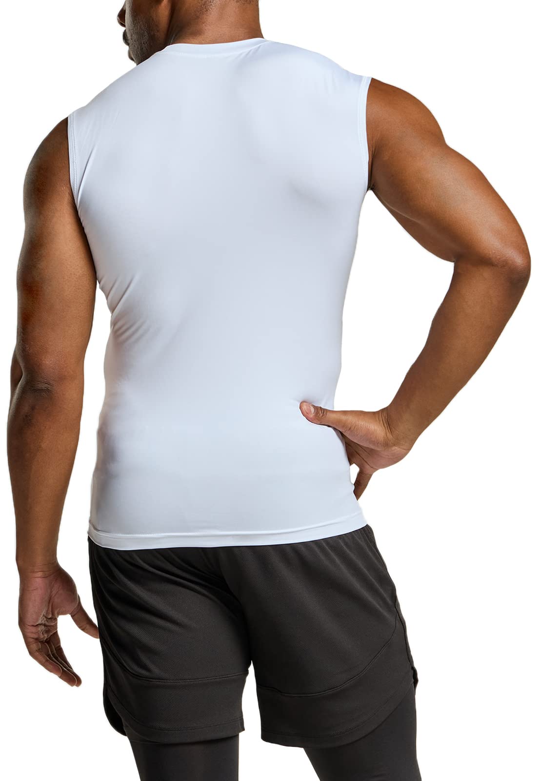 TSLA Men's Sleeveless Workout Shirts, Dry Fit Running Compression Cutoff Shirts, Athletic Training Tank Top, Active Top White, Large