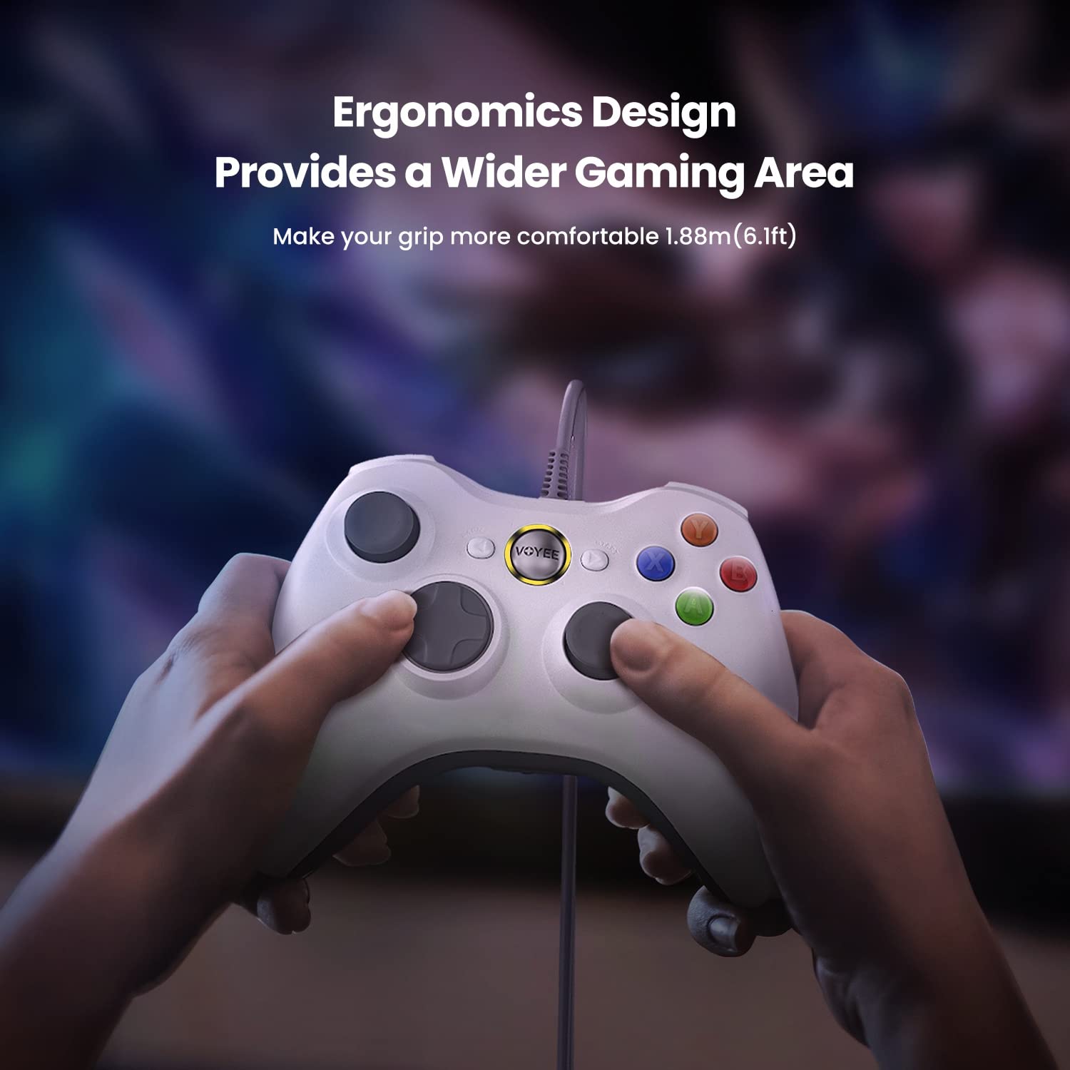 VOYEE PC Controller, Wired Controller Compatible with Microsoft Xbox 360 & Slim/PC Windows 10/8/7, with Upgraded Joystick, Double Shock | Enhanced (White)