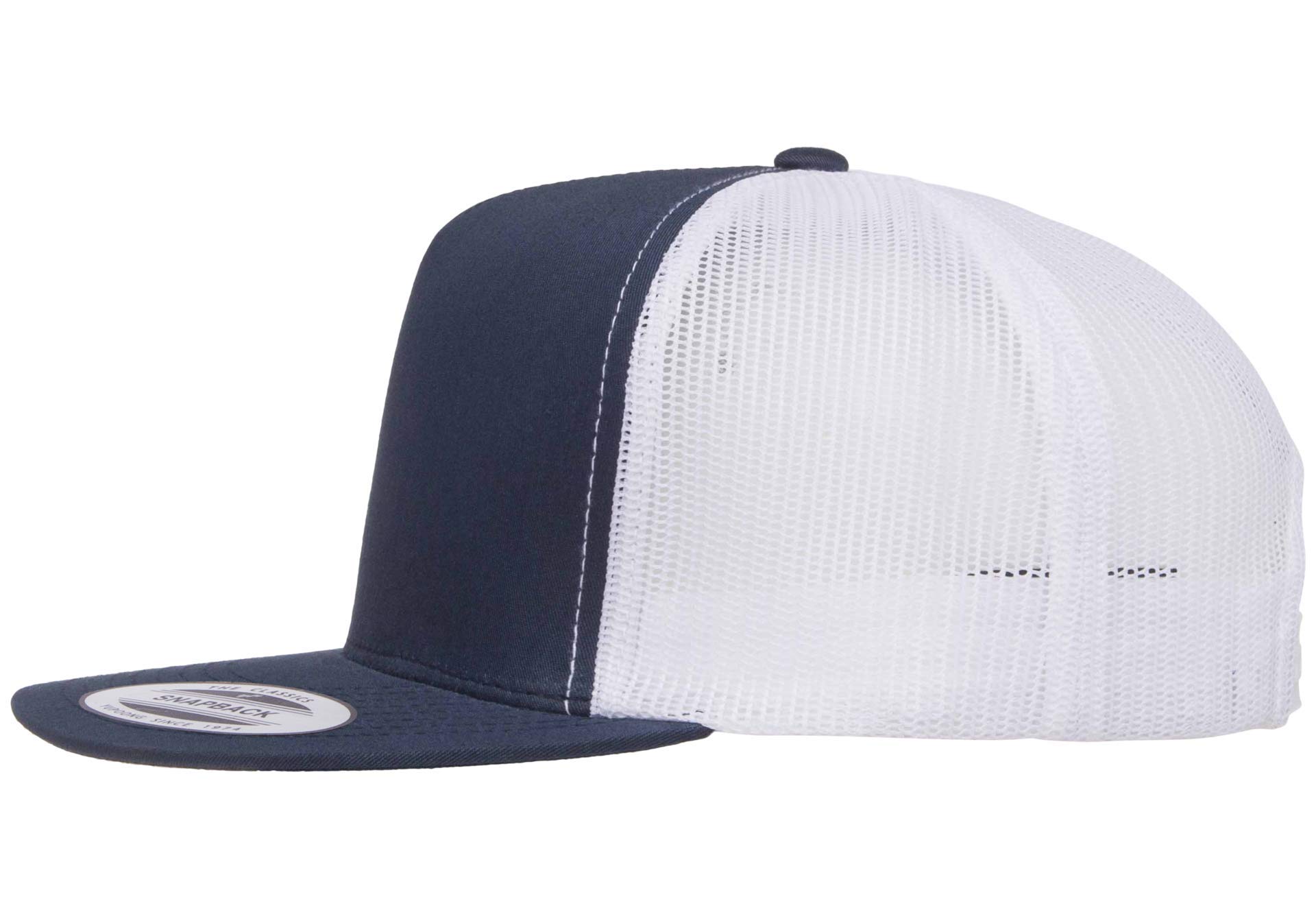 Your Logo Embroidered On Yupoong 6006 Flatbill Trucker Snapback Hat Custom Logo (Navy/White)
