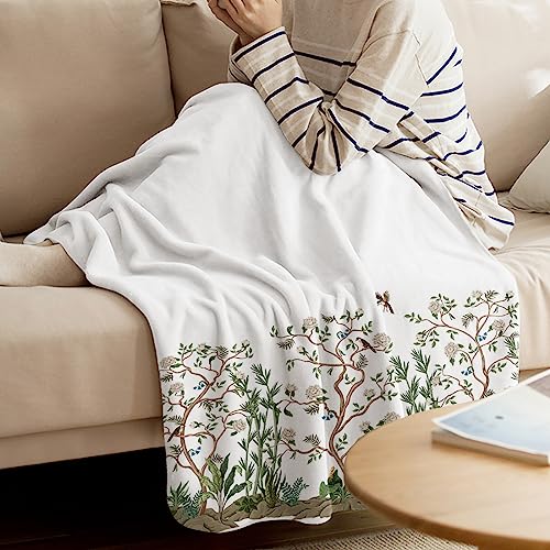 Throw Blanket,Flower Bird Plant Leaves Print White Super Soft Microfiber Warm Blanket for Couch Lightweight Blanket for Bed Chairs 50x60 Inch