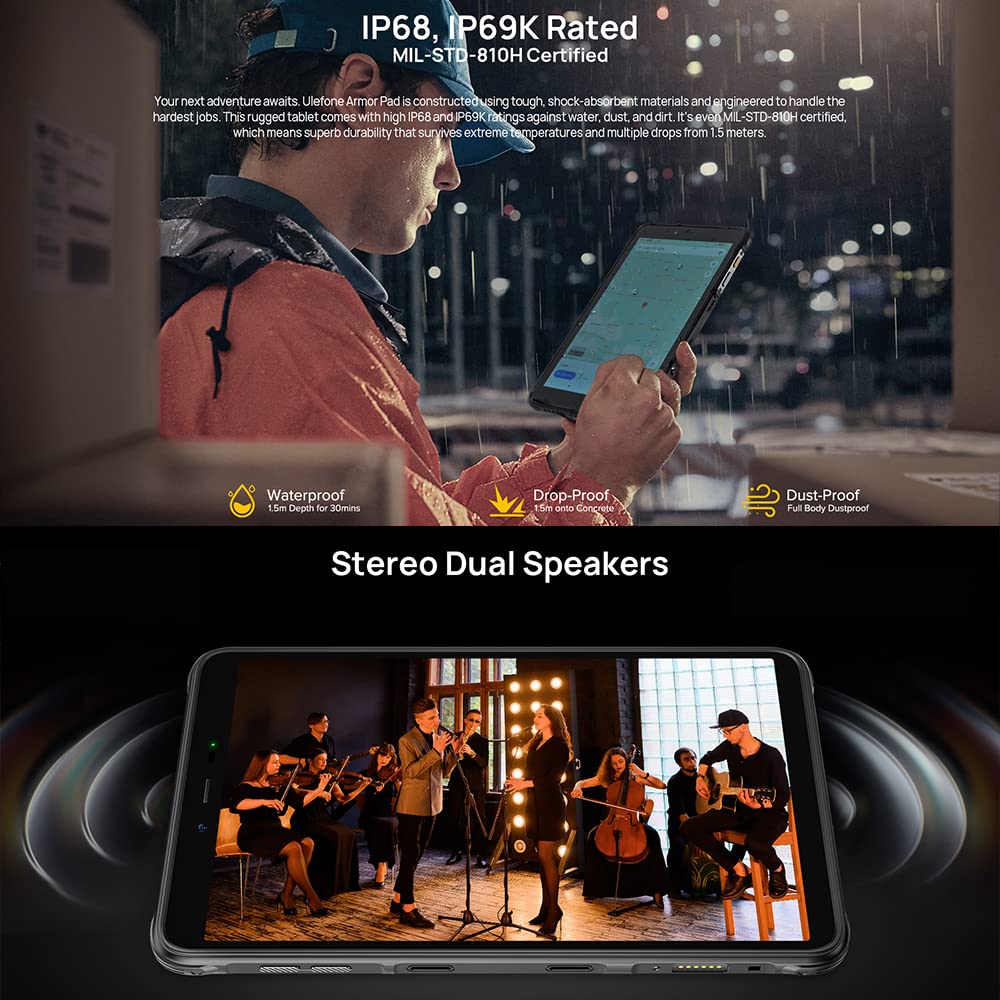 Ulefone Armor PAD Lite 2023 Rugged Tablet Android 13, 8 Inch Waterproof-Tablet, Octa Core 6GB+32GB 256GB Expandable,7650mAh Industrial Tablet PC, IP68&IP69K Tablets, 2.4G/5G WiFi Tablet,OTG,GPS,NFC