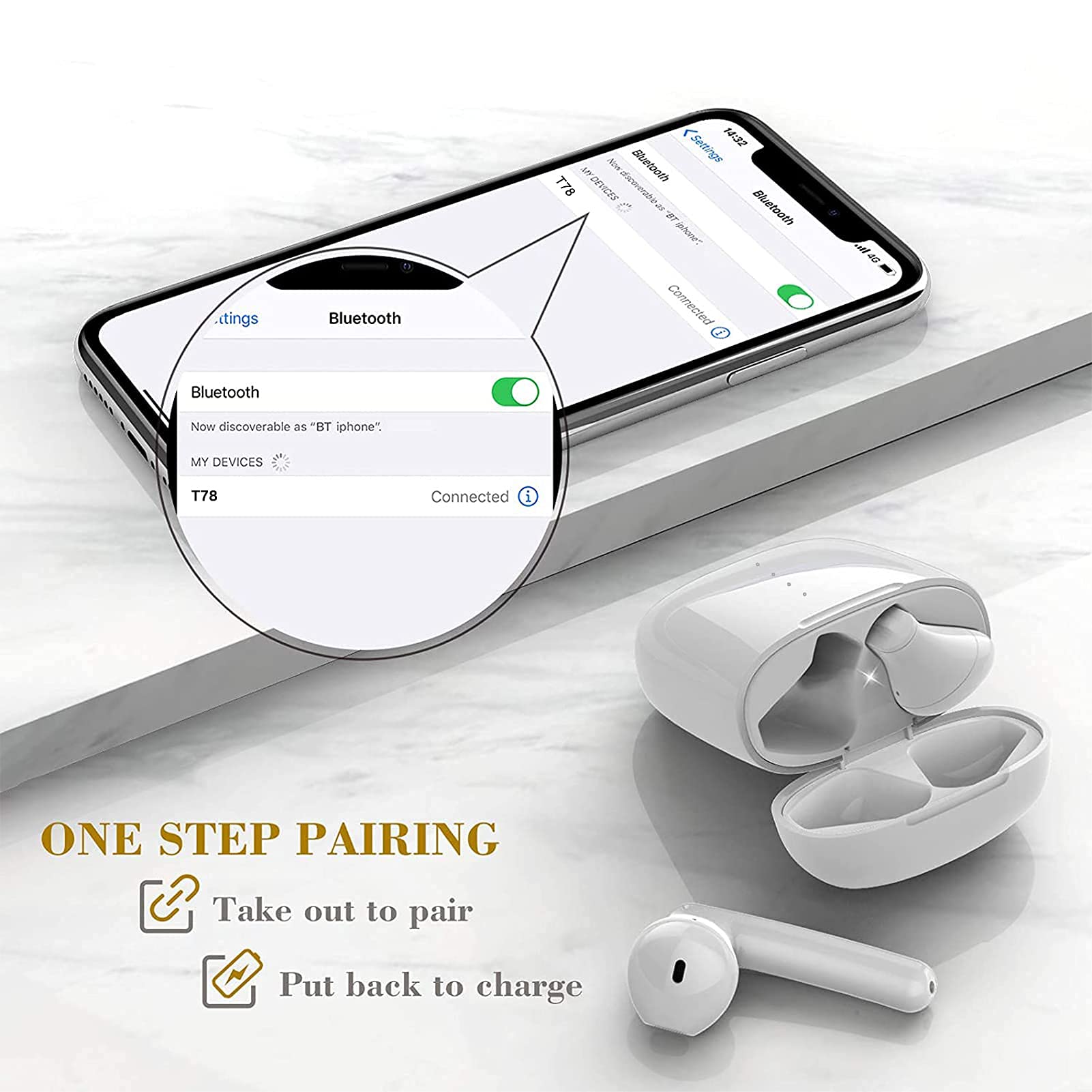 Wireless Earbuds Bluetooth 5.0 Headphones with Charging Case, IPX8 Waterproof, 3D Stereo Air Buds in-Ear Ear Buds Built-in Mic, Open Lid Auto Pairing for Android/Samsung/Apple iPhone (White)