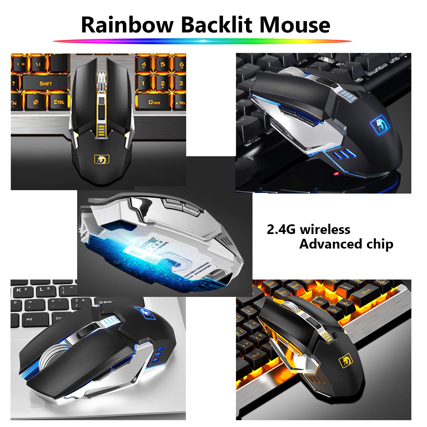 Wireless Keyboard and Mouse Mousepad, 3 in 1 Rainbow LED Backlit Rechargeable Mechanical Feelling Backlit Gaming Keyboard Mice Combo with 4800 mAh Battery, 10 Color RGB Mouse Pad for Laptop Pc Mac