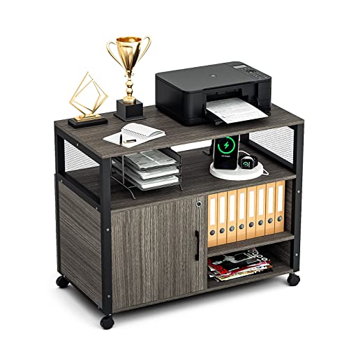WASAGUN Lateral File Cabinets with Socket & USB Charging Station, Lockable Office File Cabinets Rolling Printer Stand with Open Storage Shelves for Home Office Organization & Storage