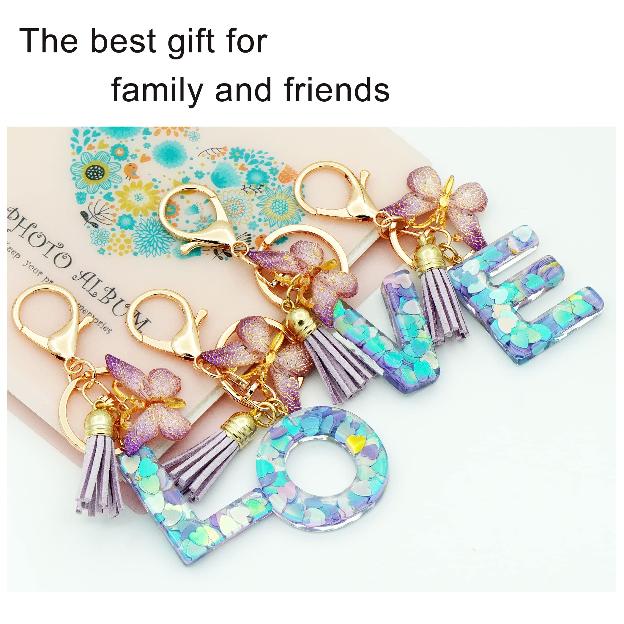 TTYY Initial Letter Keychains for Girls Women Pink Purple Green Cute Butterfly Heart Keychain for Backpack School Bag (purple heart Letter D)
