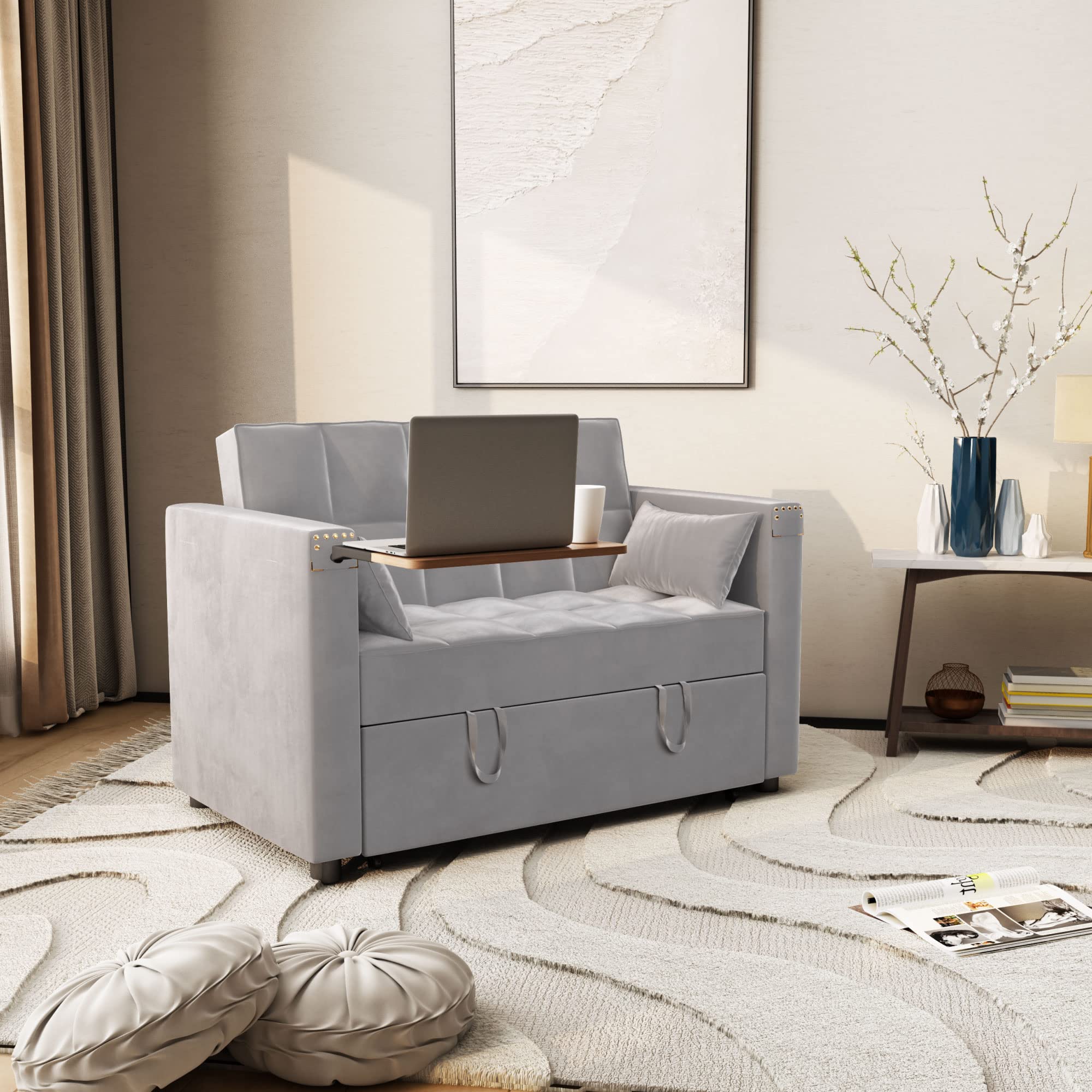 wirrytor 3 in 1 Multi-Functional Convertible Sleeper Sofa Bed, Modern Loveseat Sofa Couch Velvet Pull Out Bed with Reclining Adjustable Backrest &Hidden Table for Apartment Living Room Bedroom,Grey