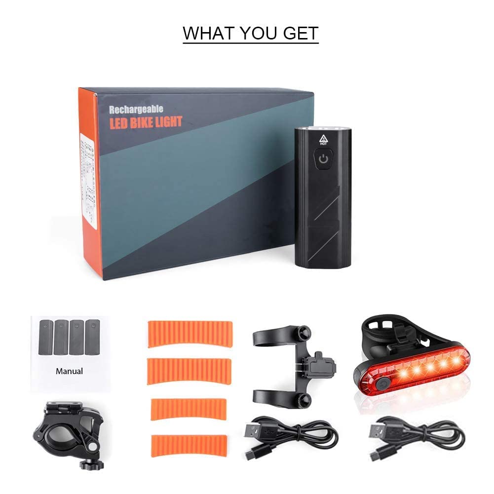 Ultra Bright USB Rechargeable Bike Light Set - Super Bright 5 Light Mode Powerful Bicycle Front Headlight and Back Taillight for Night Riding Road for Men, Women and Kids Mountain Bikes