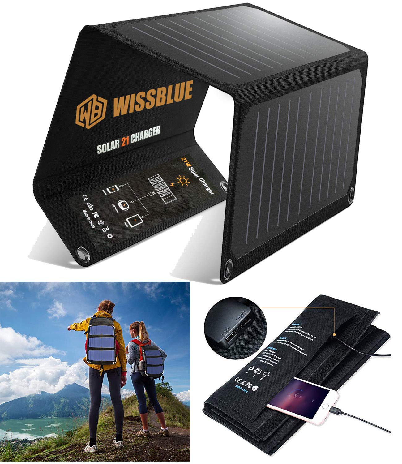 WISSBLUE 60W Solar Panel Charger, Dual USB 3.6A Fast Solar Charger, Portable Camping Travel Charger,Hiking,Hurricane, Emergency Backup. for All 5V-18V Devices, iPhone iPad Samsung Kindle etc.