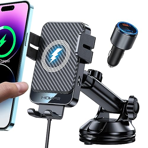 Wireless Car Charger, MOKPR 15W Fast Charging Auto-Clamping Car Mount Universal Hands-Free Car Charger Mount for Dash Windshield Air Vent Compatible with iPhone 15/14/13/12, Samsung S23/S22/S21 Black