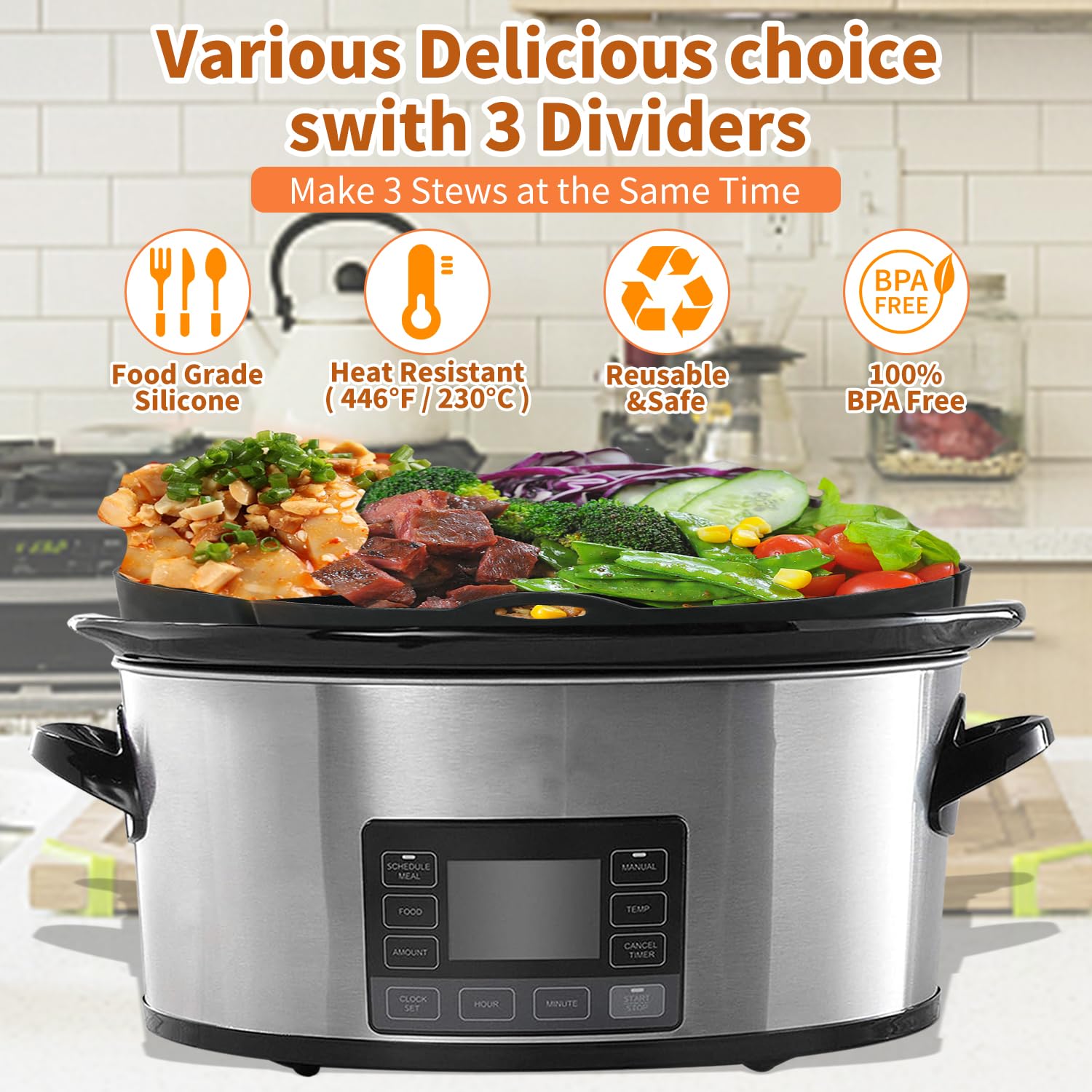 YSF Silicone Slow Cooker Liners, Reusable 3 Divider Inserts, Fits Crock-pot Oval 7 QT 3-in-1 Slow Cooking, Leakproof, Dishwasher Safe, Food-Grade BPA Free, 7 Quart Cook Three Dishes at Once (Black)