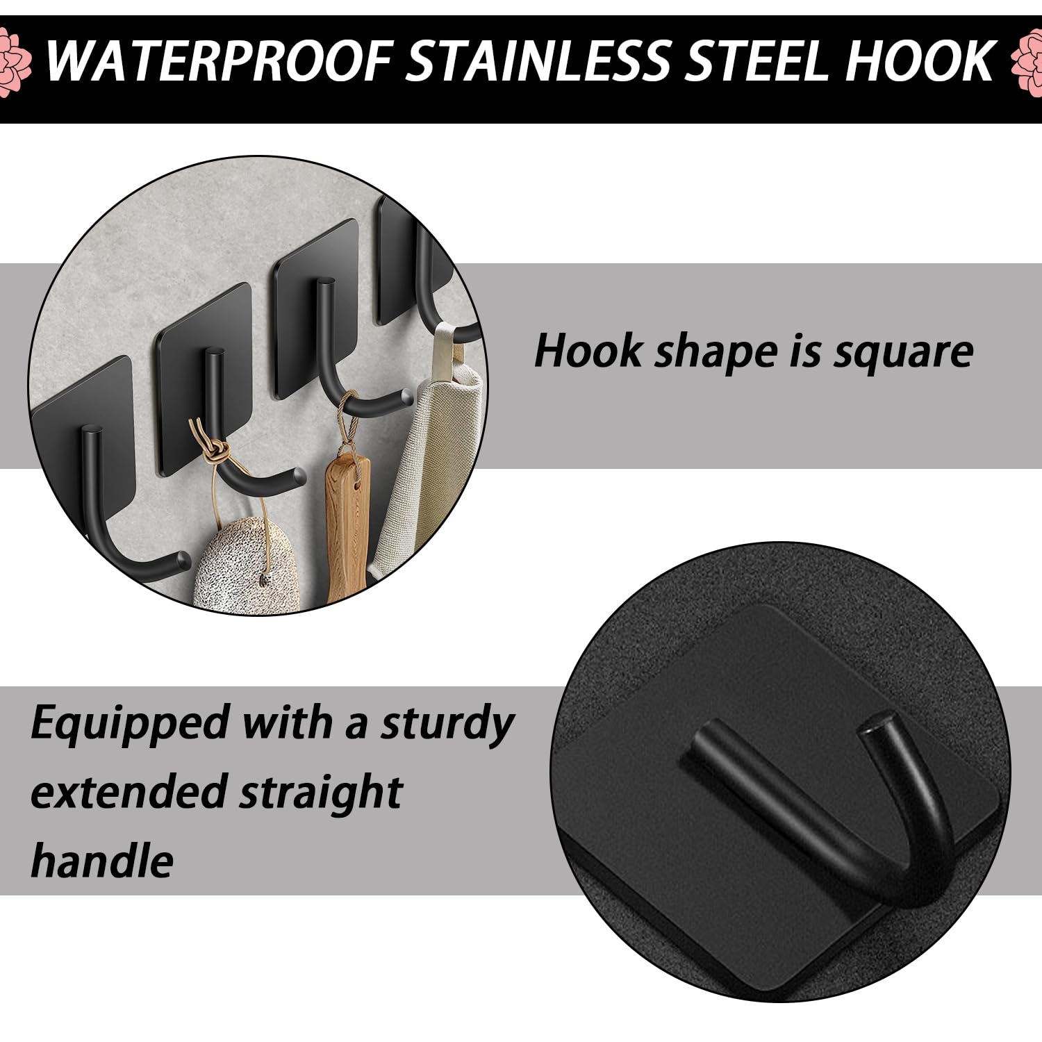 Tiankohelan 4 Pcs Stainless Steel Towel Hooks for Bathroom Kitchen Bedroom Door (Black)
