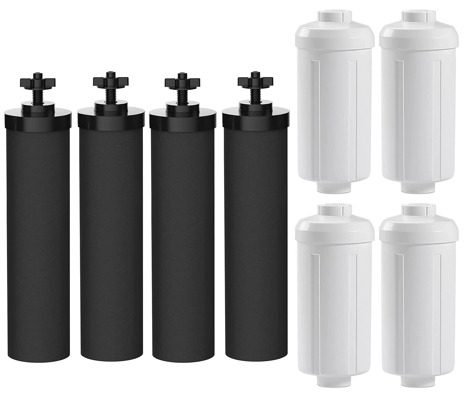 Water Filter Replacement Part for Filter System, 4 Black Elements and 4 White Fluoride Filter, 8 Pack Combo Replacement for Gravityy Water Filter System