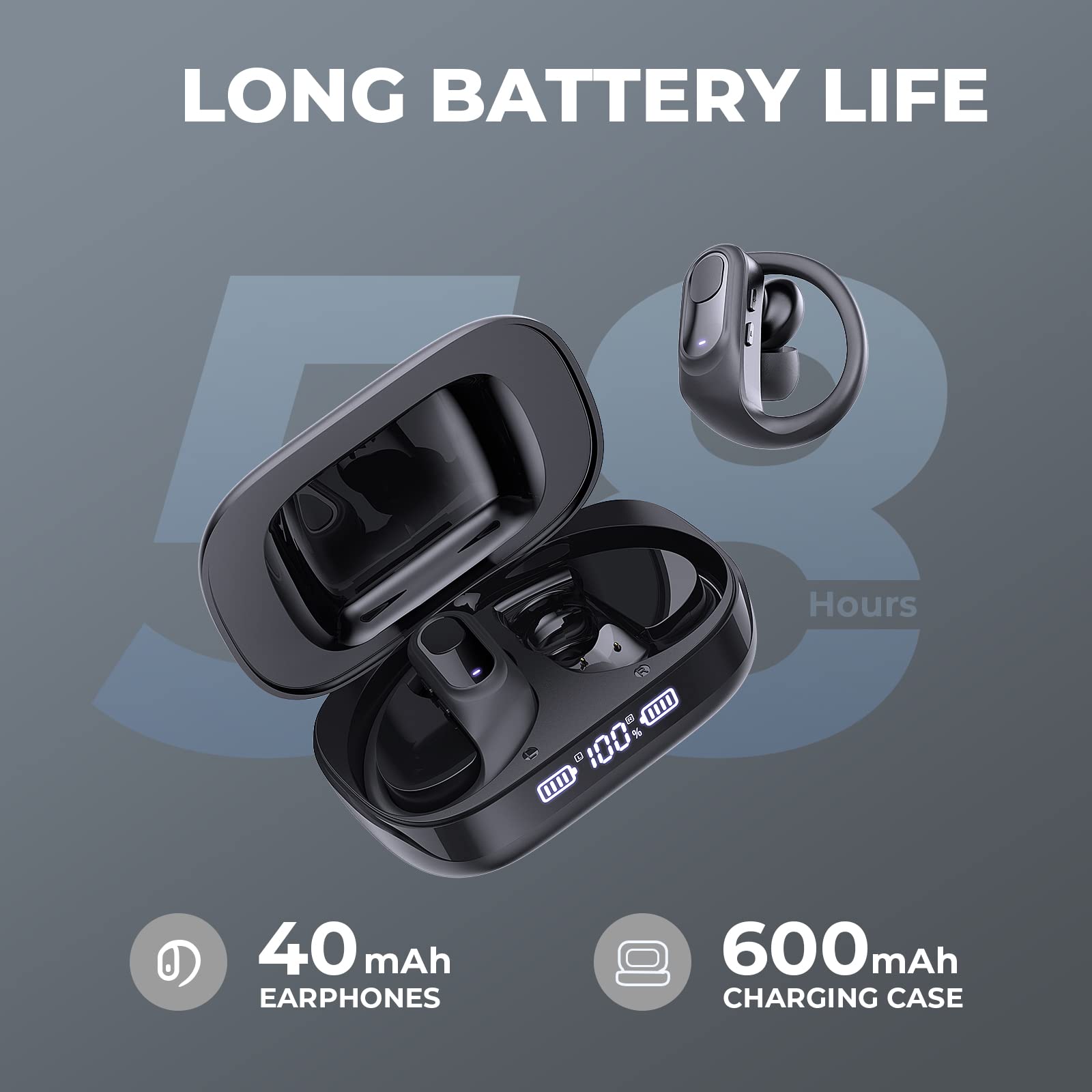Wireless Earbuds Bluetooth 50 Hours Playtime Wireless Headphones Bluetooth 5.3 Ear Buds with Earhooks Mic LED Digital Display Charging Case in Over Ear Earphones Running Sport Earbuds Titanium black