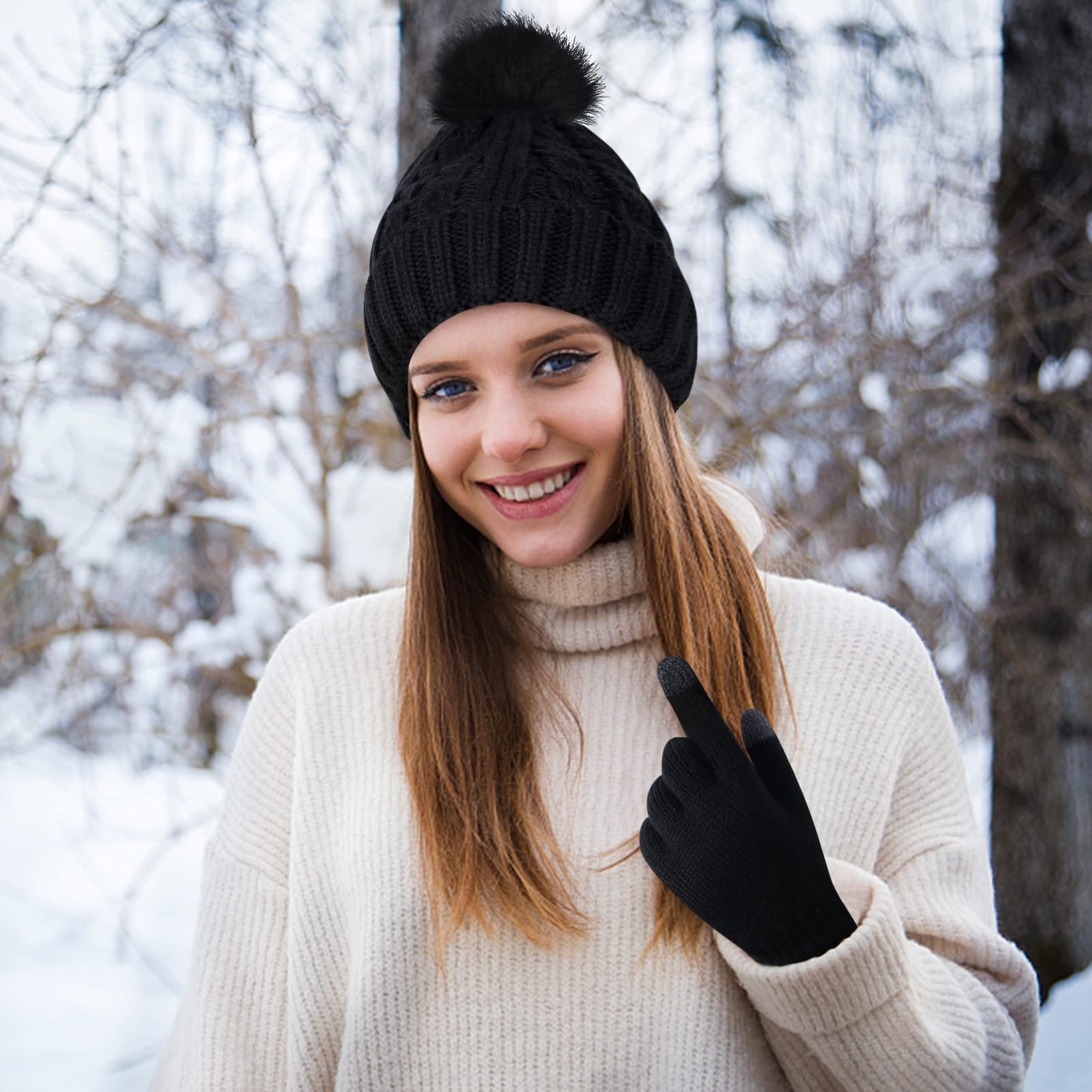 YSense Womens Winter Hat Scarf Glove Set, Warm Fleece Lined Pom Beanie Hat Neck Warmer and Touchscreen Gloves