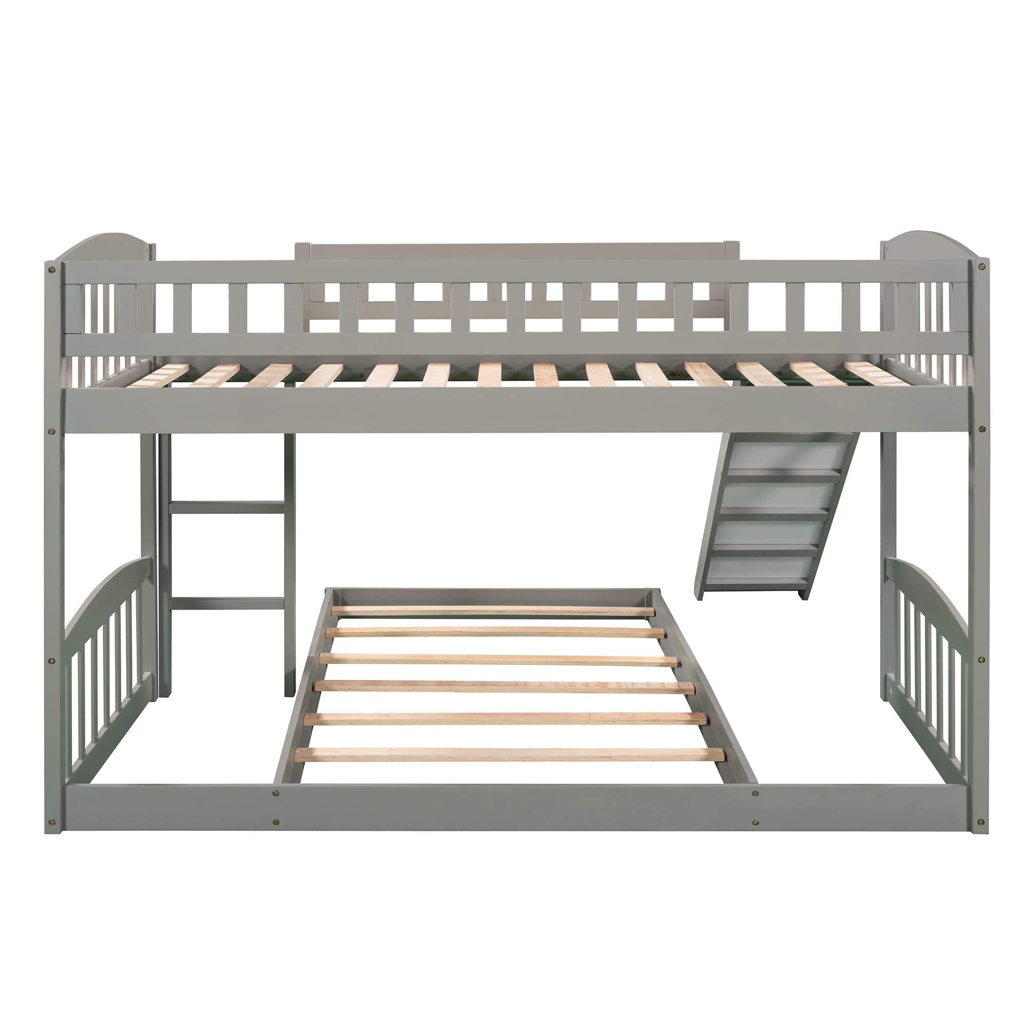 Tensun Low Bunk Bed Twin Over Twin, Wood Floor Bunk Bed with Slide and Ladder, L-Shape Bunk Bed for Bedrooms,Dorms,Kids,Toddlers,No Box Spring Needed,Easy to Assemble,Grey