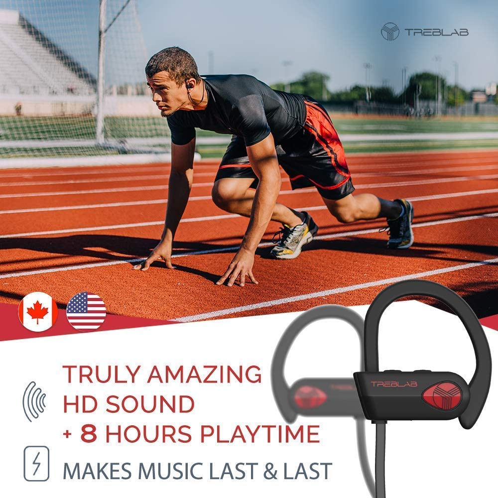 TREBLAB XR500 Bluetooth Headphones. 2018 Updated Version. IPX7 Waterproof, Sweatproof, Secure-Fit Headset. Noise Cancelling Earphones w/ Mic (Renewed)