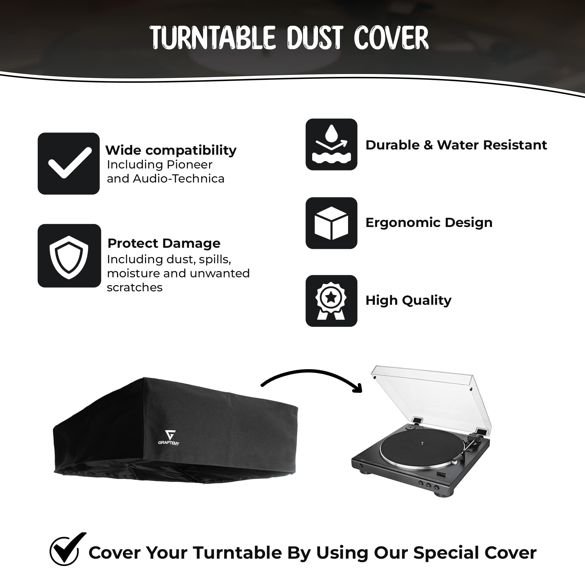 Turntable Dust Cover - 600D PVC Waterproof Protection Turntable Cover, Side Pocket and 2-Finger Pull Tab Record Player Cover - Compatible with Most Standard Record Player Dust Cover