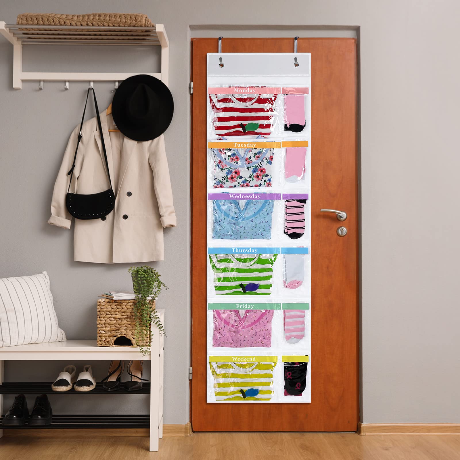 Woanger 6 Shelf Weekly Clothes Organizer for Kids, White, Polyester, Durable, Hanging, 150 x 45 cm