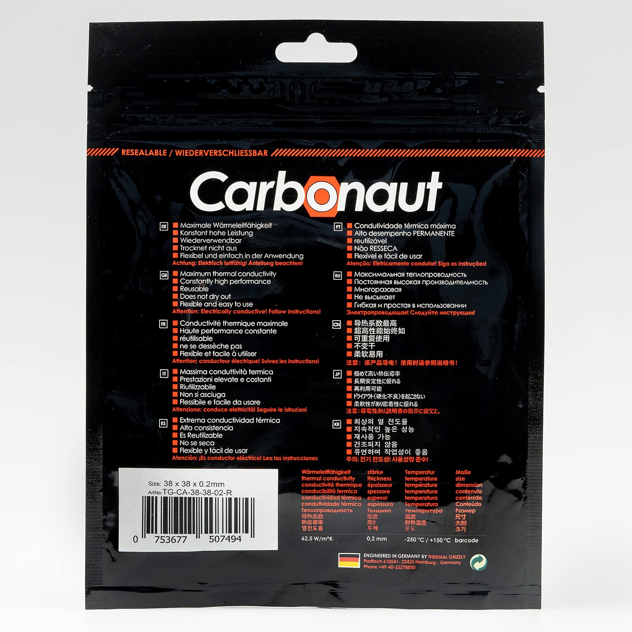Thermal Grizzly - Carbonaut (38x38x0,2mm) - for Intel/AMD CPUs - Carbon Thermal Pad for Maximum Thermal Conductivity - Reusable and Adaptable Surface CPU/GPU/PS4/PS5/Xbox