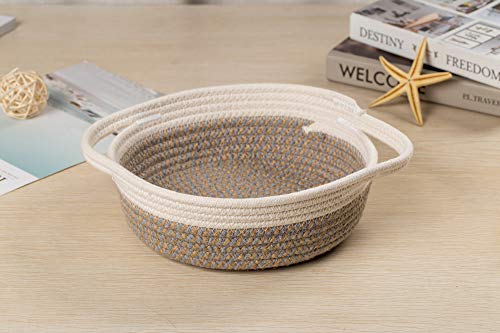 YUKIMOCOO 2 Pack Small Woven Basket, Home Decor Basket, Small Gift Basket, Desk Basket for Jewellery&Keys, Cute Rope Baskets, Small Toy Storage Basket (Grey Camel Mix&White - Hemp Rope)