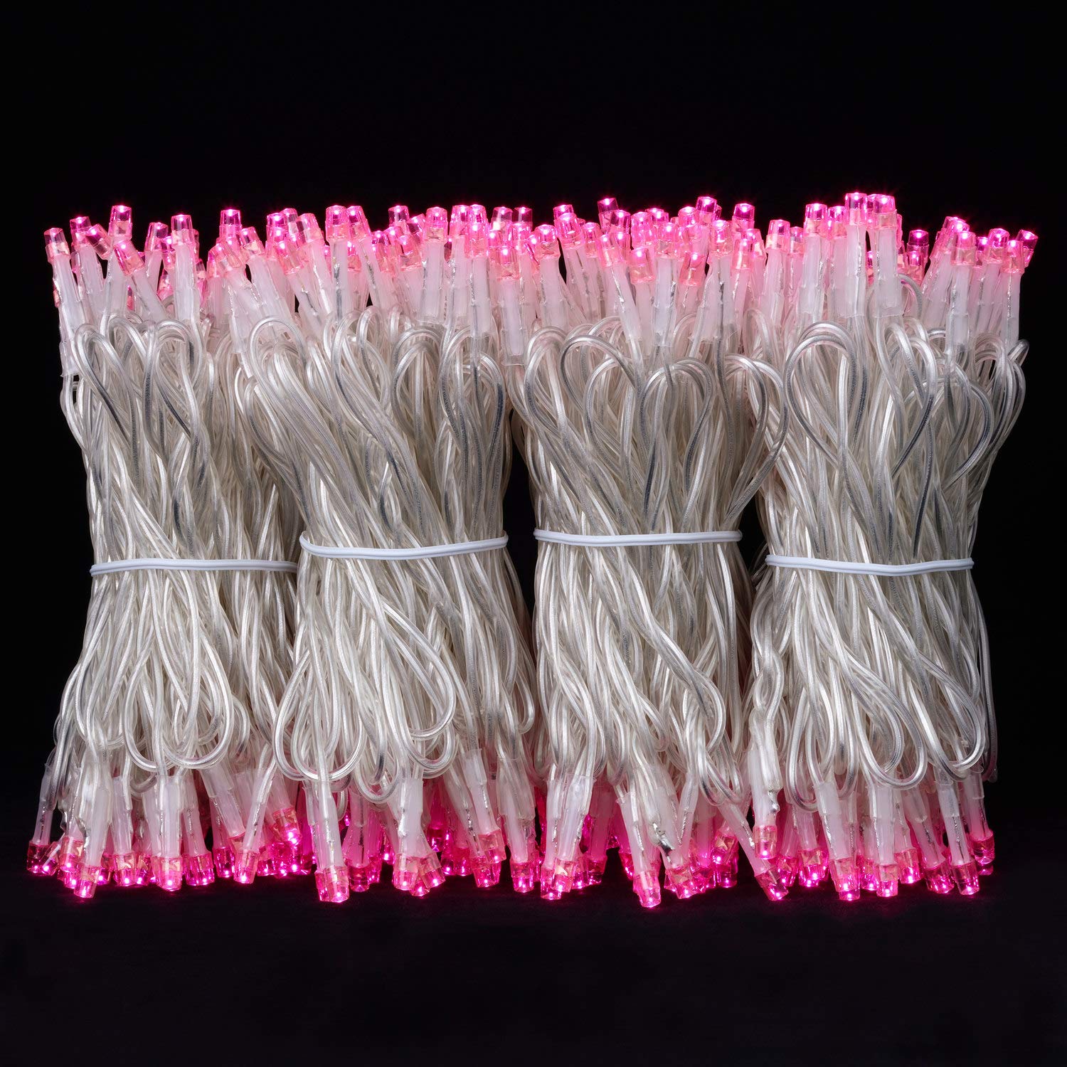 YULETIME 100 Feet 300 Count Pink LED String Lights with 8 Models Adapter, Clear Wire Wide Angle 5mm Christmas Lights (Pink - Multimode)