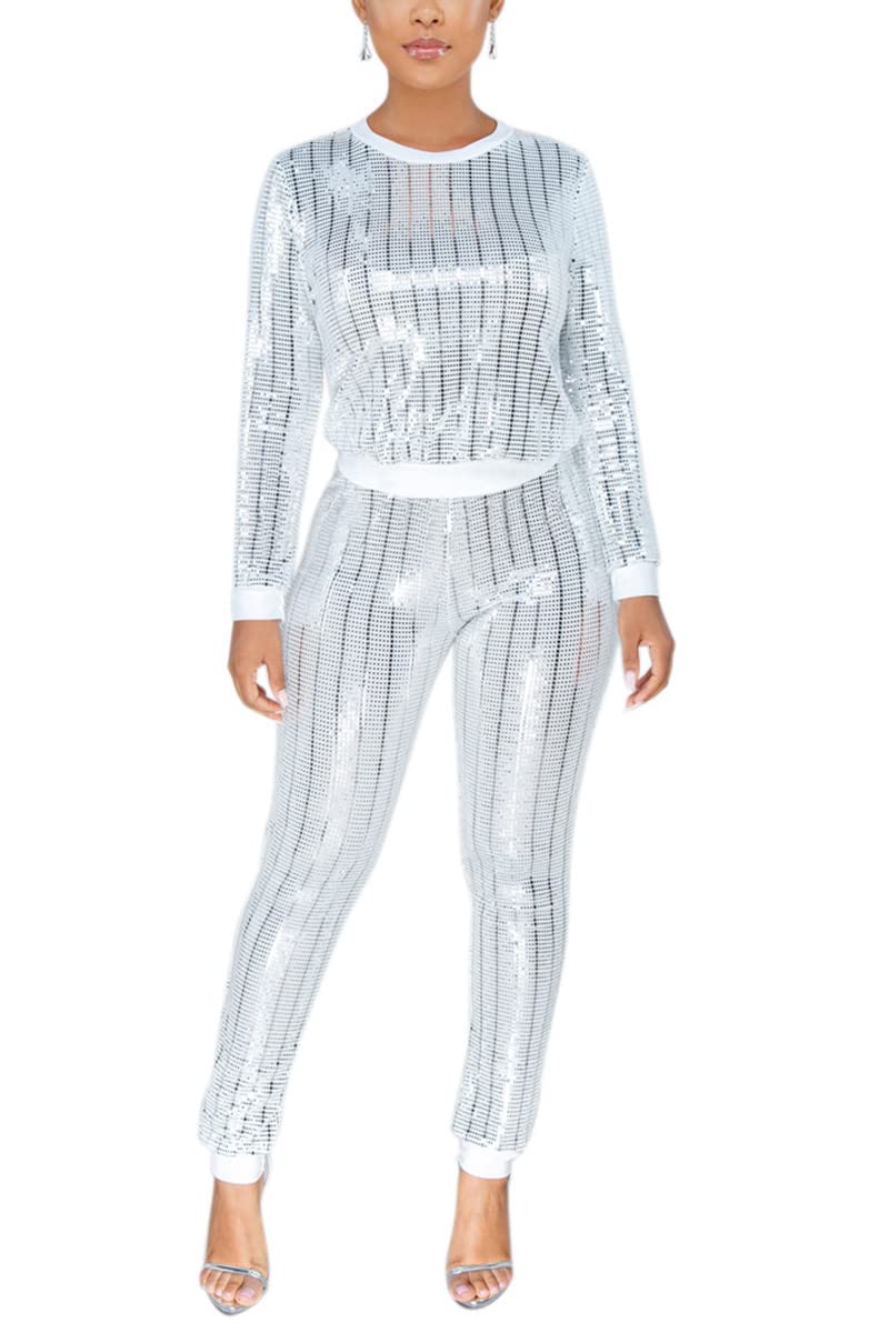 WOKANSE Women's Sequin Glitter Long Sleeve Sweatshirts and Skinny Long Pants Two Piece Outfits White M