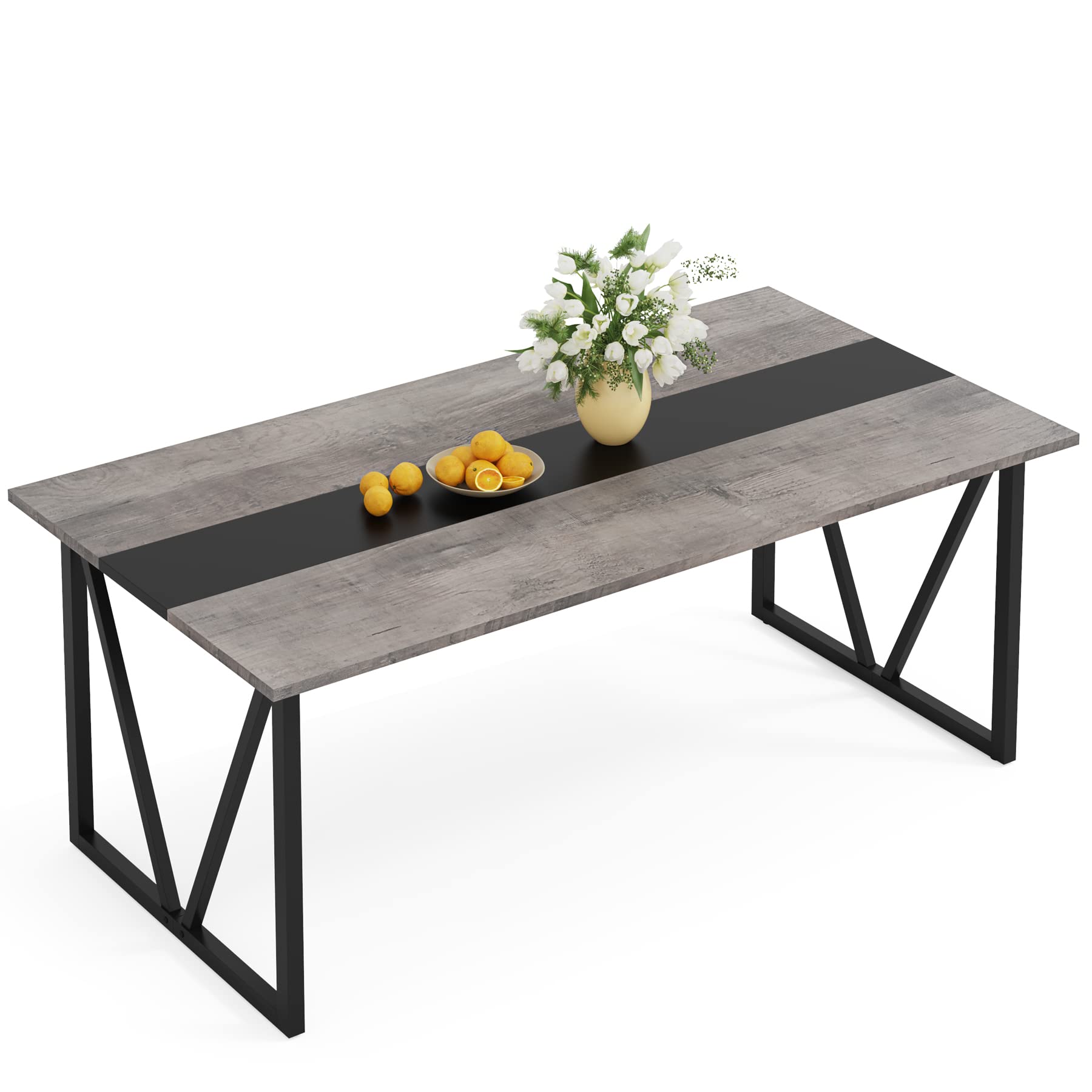 Tribesigns Dining Table for 6-8 People, 70.8 inch Industrial Large Kitchen Table with Heavy Duty Metal Frame, Rectangle Wood Dining Room Table for Kitchen, Living Room, Grey & Black