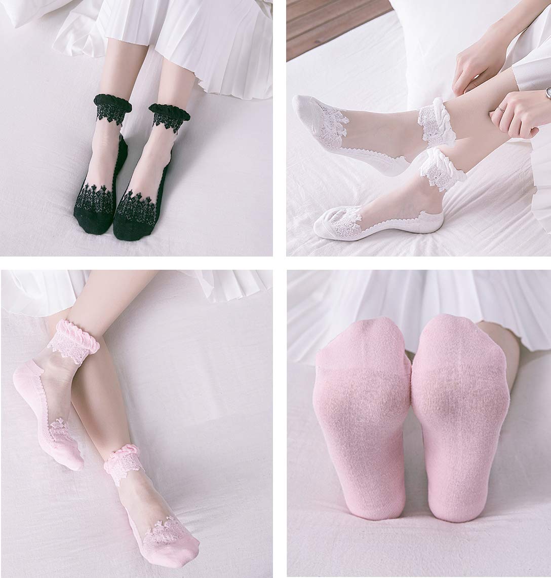 Women 6 Pairs Sheer Elastic Socks Soft Summer Transparent Lace Crystal Silky Hosiery Stockings (6pairs)