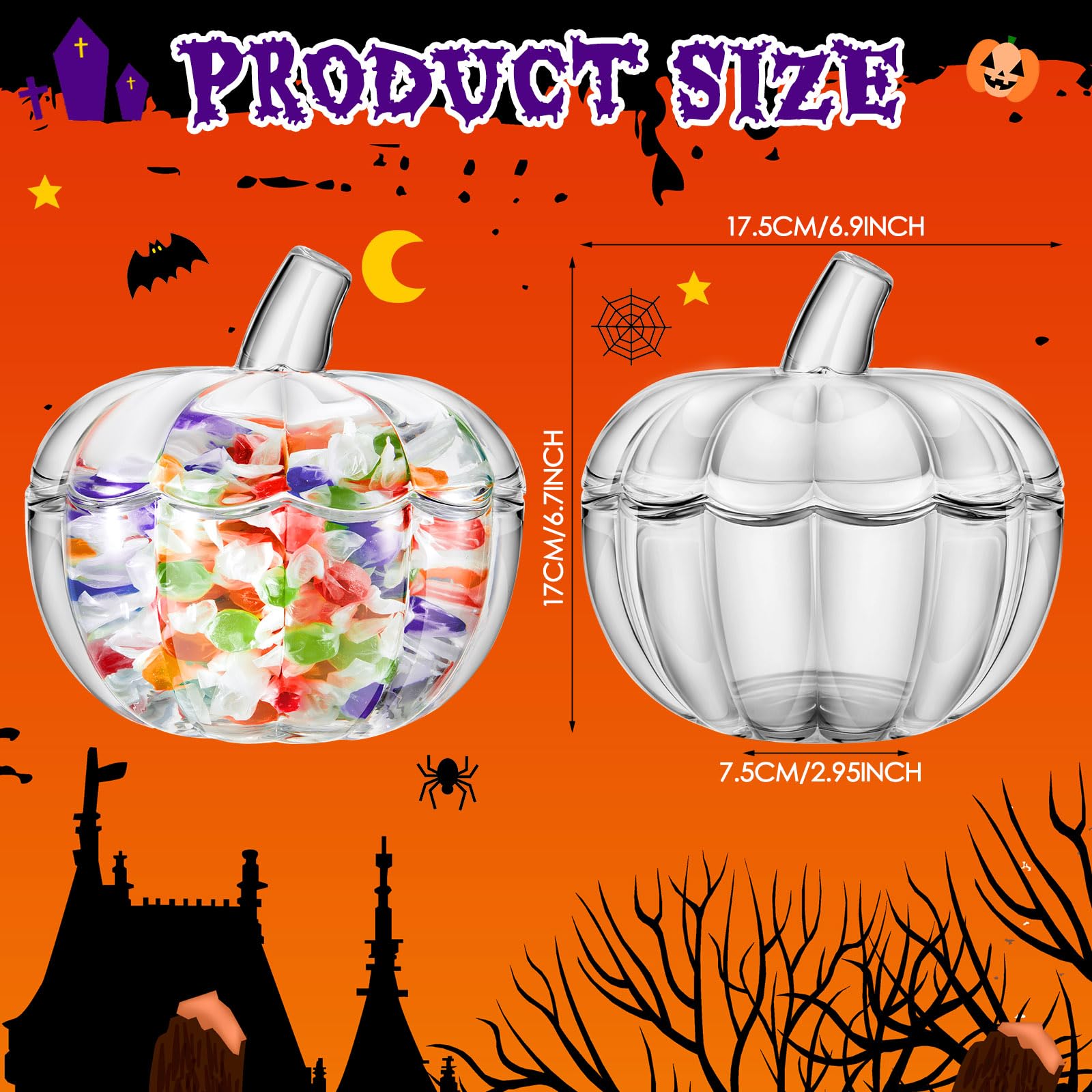Tessco 2 Pcs 70oz Glass Pumpkin Candy Jar with Lid Halloween Pumpkin Jars Candy Bowl for Halloween Home Decoration (Clear,Large, Large)