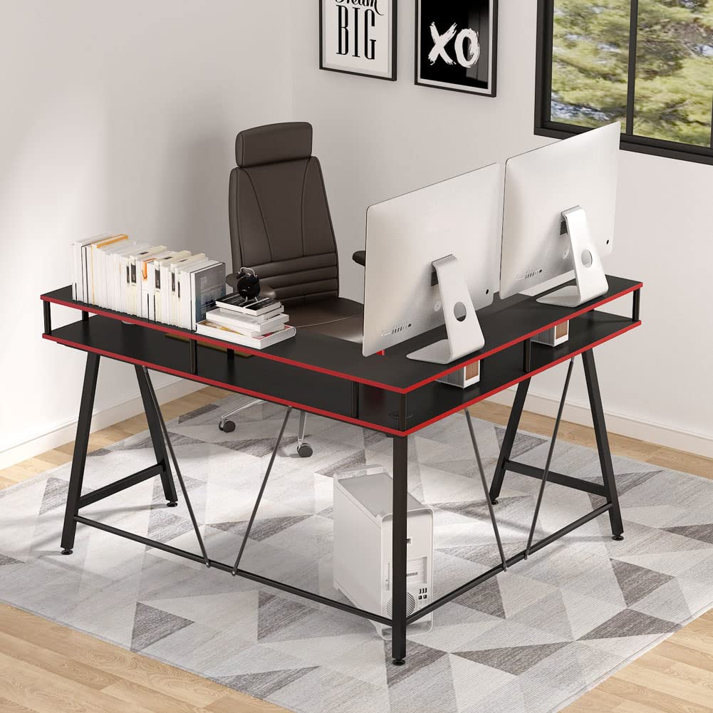 Tribesigns L-Shaped Desk with Shelf, 57 x 51 Inch Corner Computer Gaming Desk with Monitor Stand for Home Office and Gamer, Large PC Laptop Study Writing Table Workstation